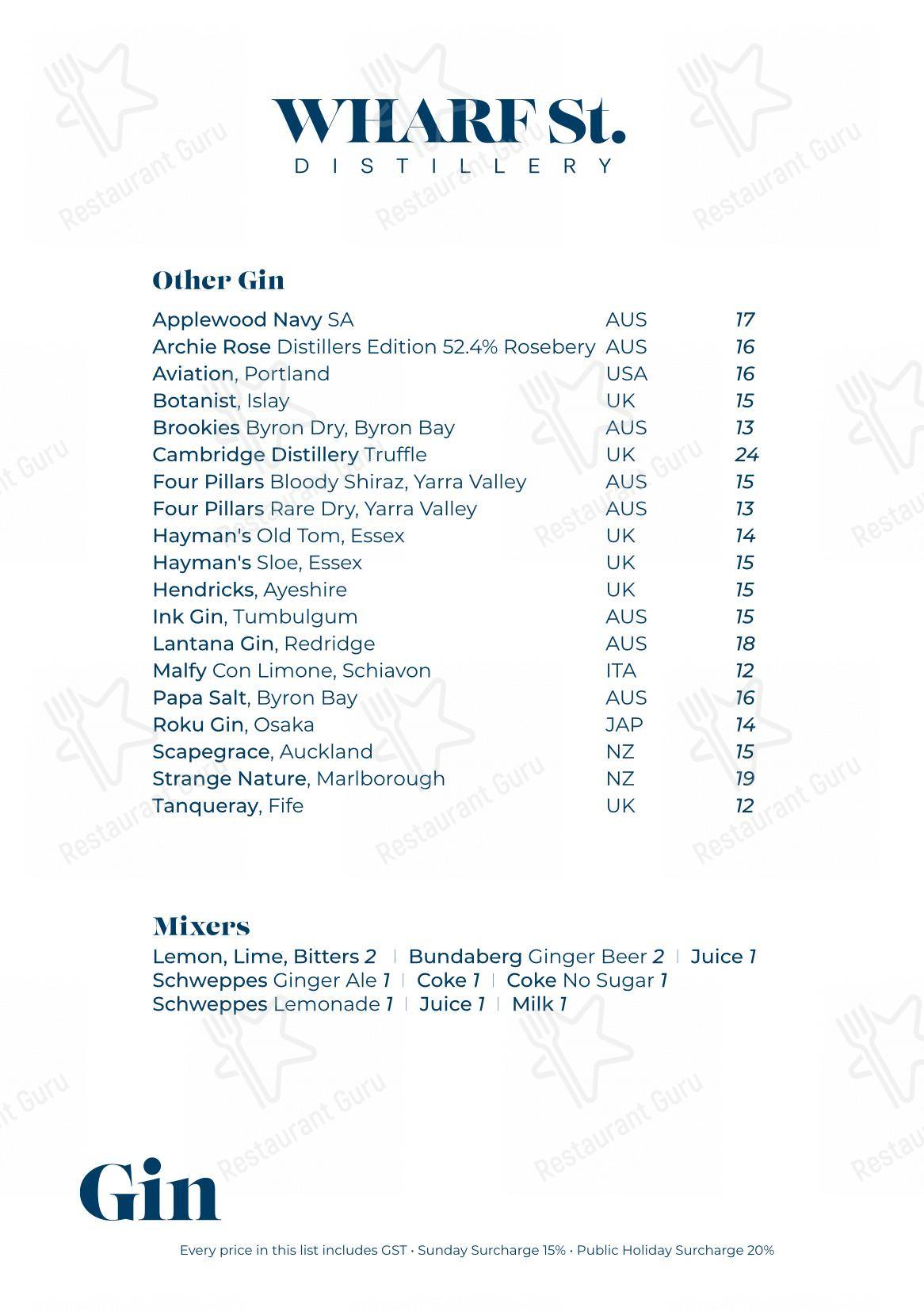 Menu at Wharf St. Distillery Restaurant, Forster