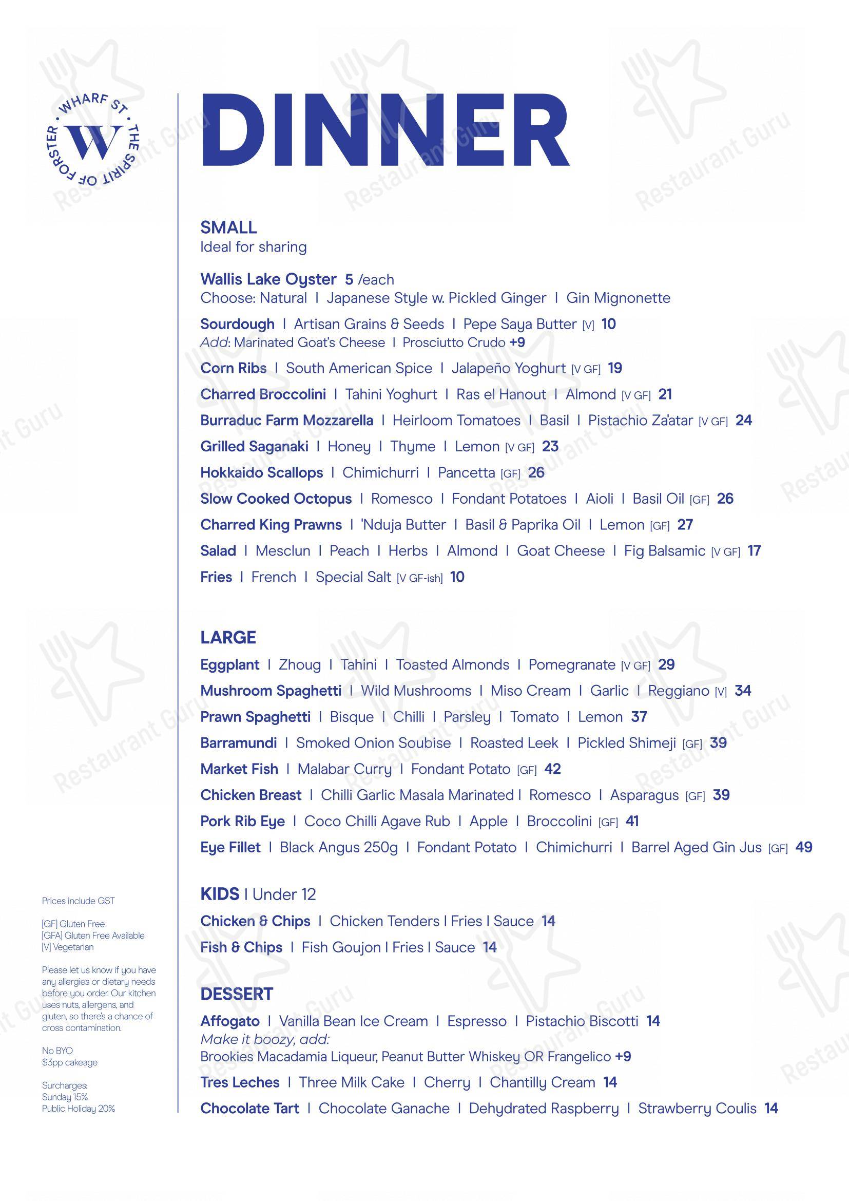 Menu at Wharf St. Distillery Restaurant, Forster