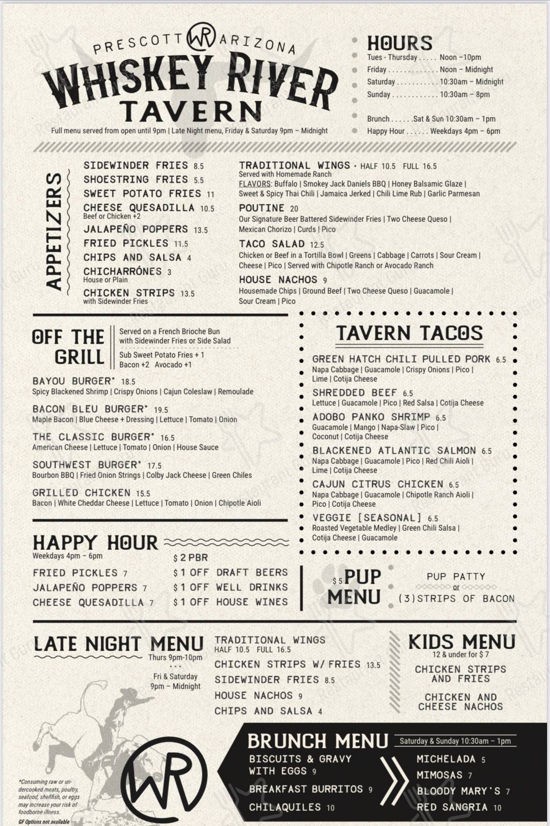 Menu at Whiskey River Tavern restaurant, Prescott