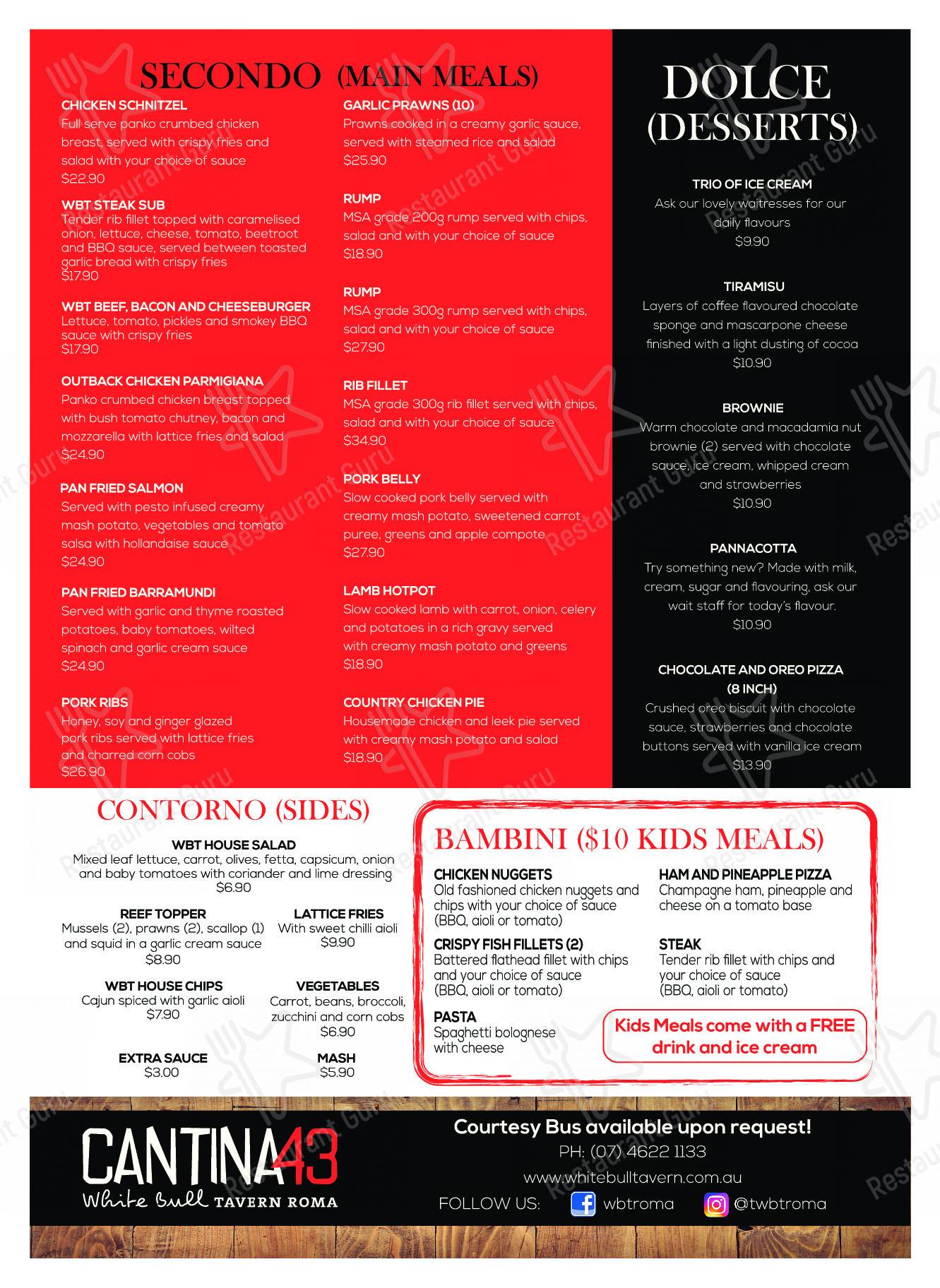 Menu at The White Bull Tavern restaurant, Roma