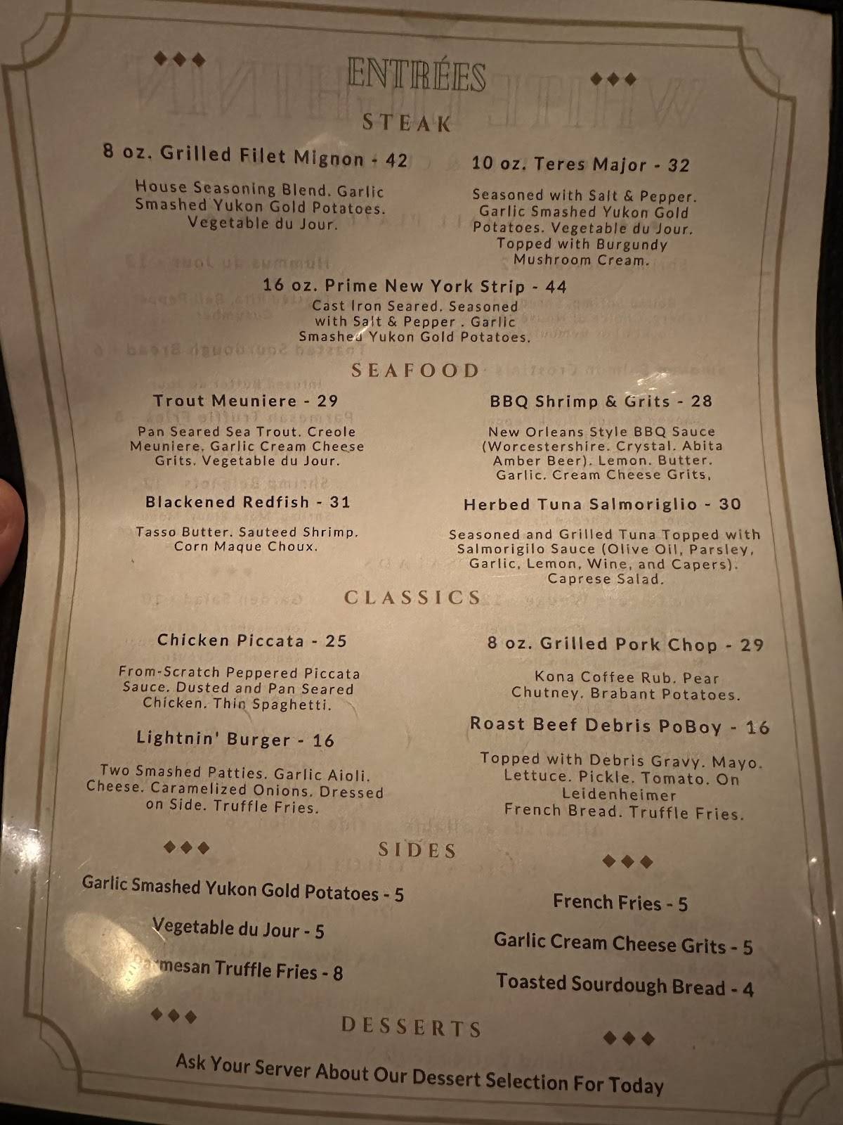 Menu at White Lightnin’ Cocktail and Culinary Company pub & bar, Ruston