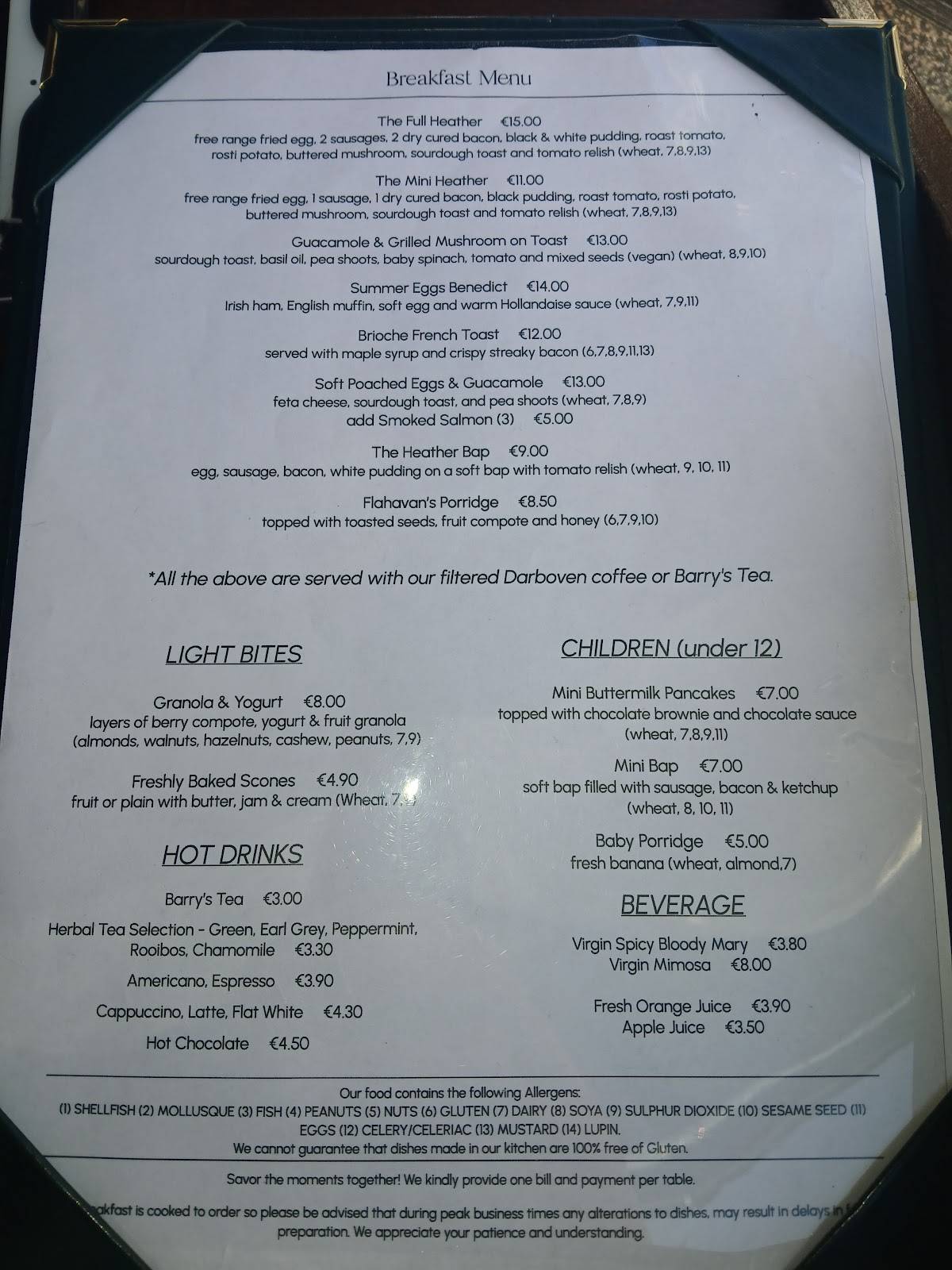Menu at Wicklow Heather Restaurant Glendalough, Laragh, Glendalough Road