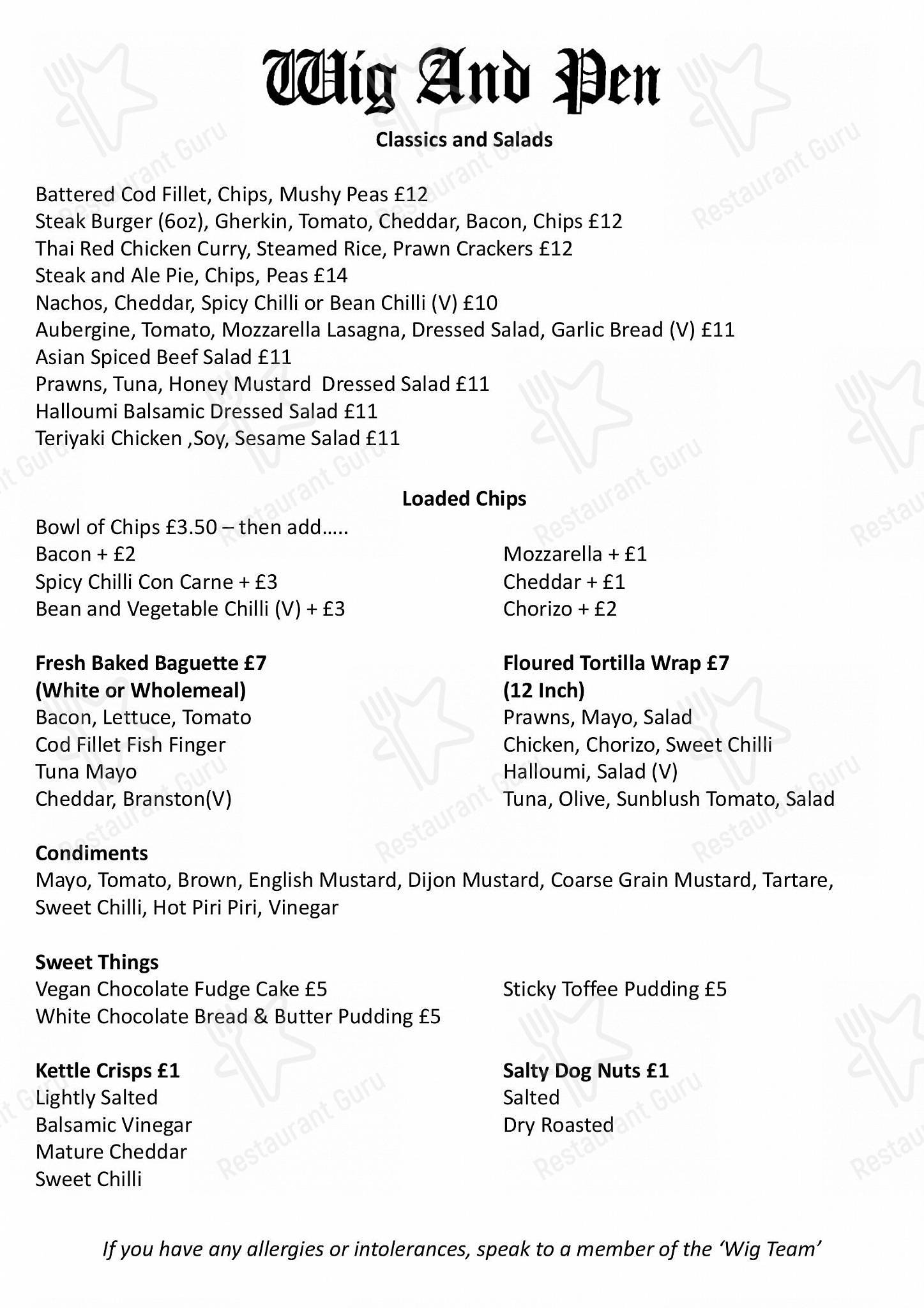 Menu at Wig & Pen pub & bar, Norwich