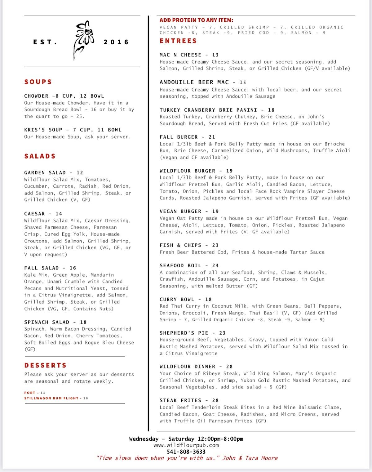 Menu at Wildflour cafe, North Bend