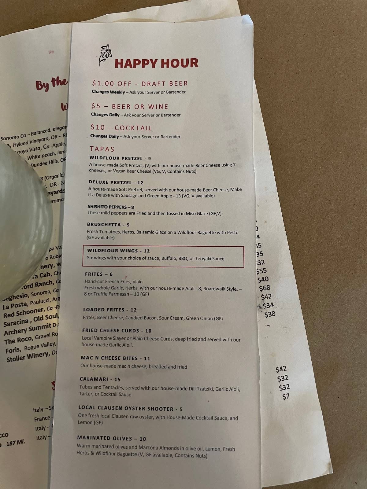 Menu at Wildflour cafe, North Bend