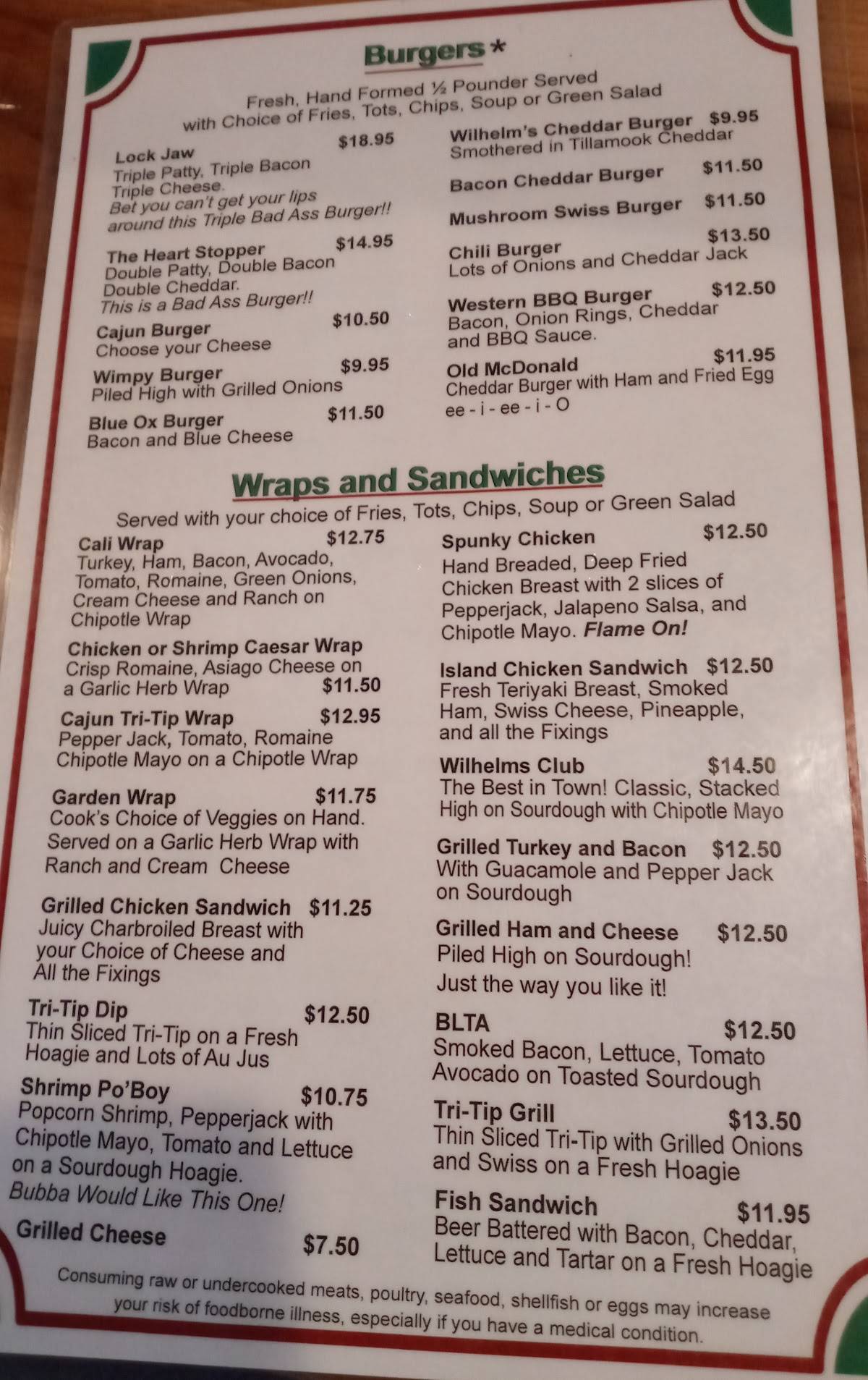 Menu at Wilhelm's Spirits & Eatery pub & bar, Albany