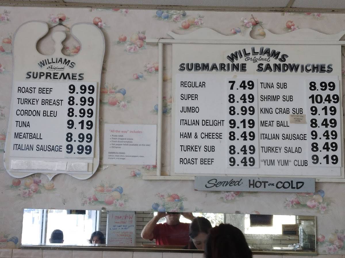 Menu at Williams Sub Shop restaurant, Saint Petersburg
