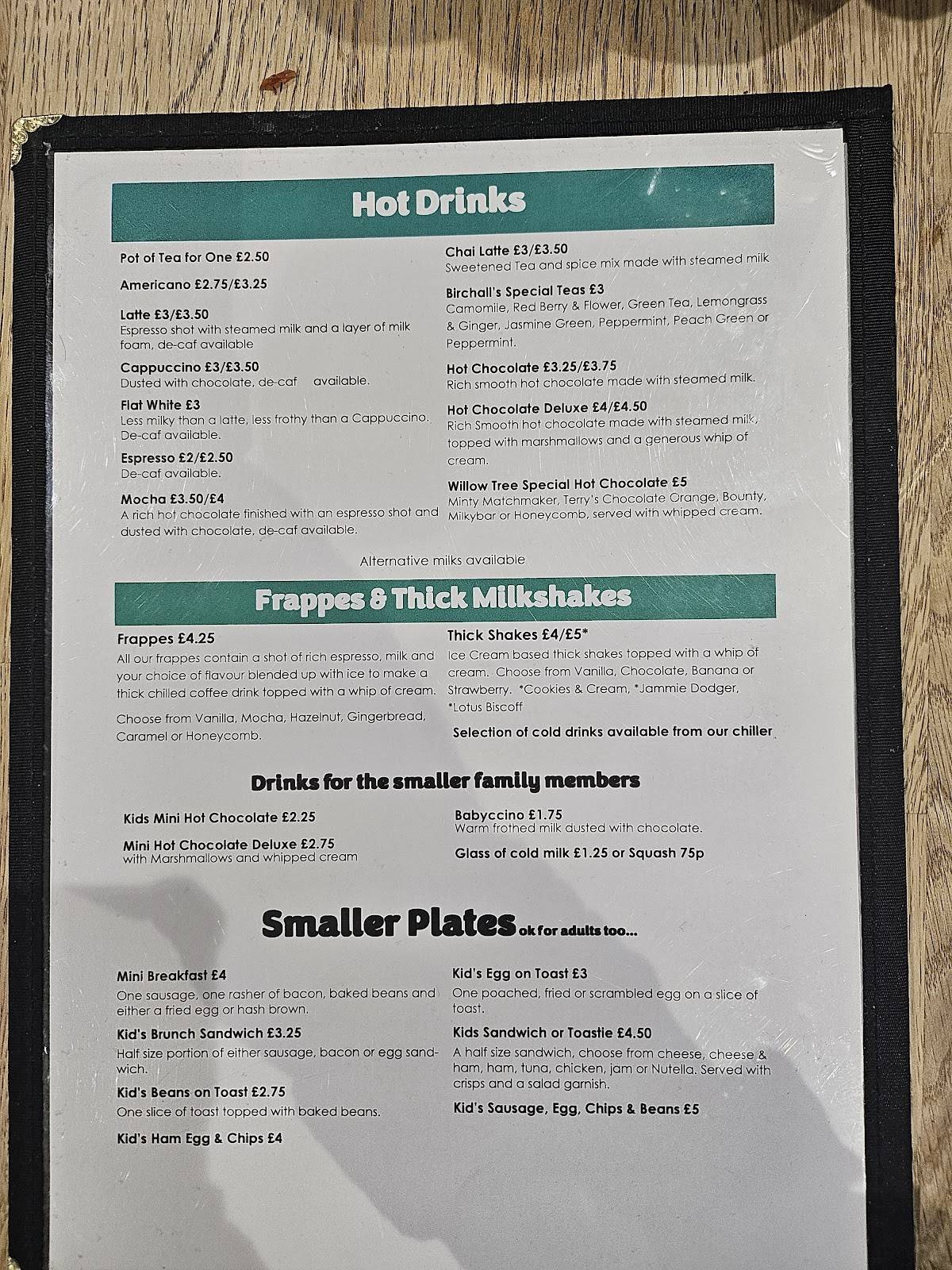 Menu at Willow Tree Tea Room cafe, Derby