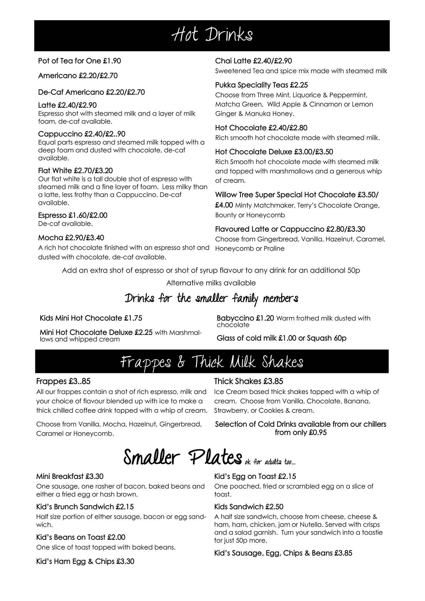 Menu at Willow Tree Tea Room cafe, Derby
