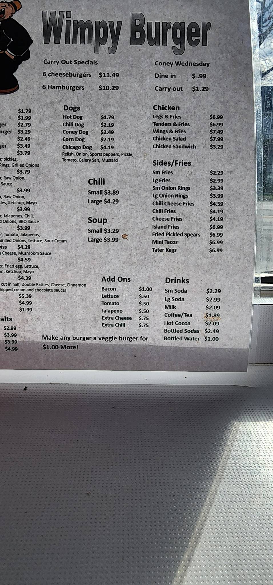 Menu at Wimpy Burger restaurant, Flat Rock