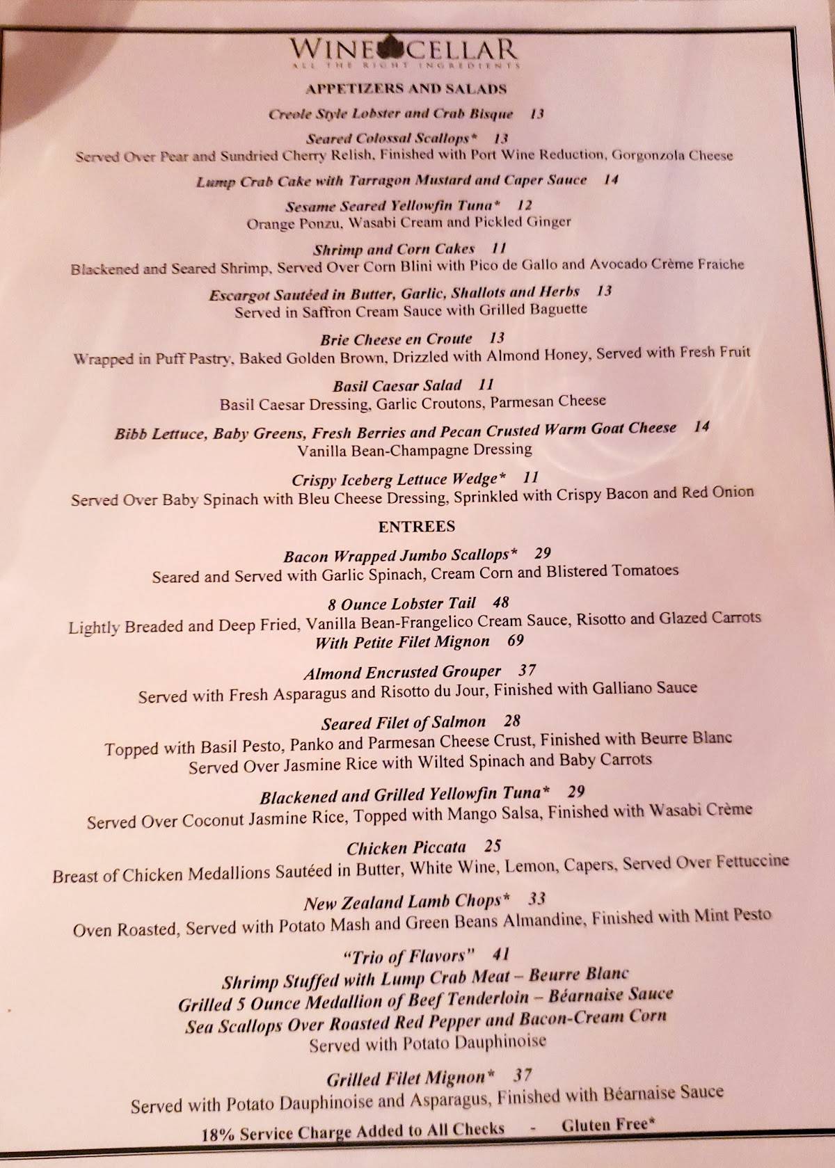 Menu at Wine Cellar restaurant, Jacksonville