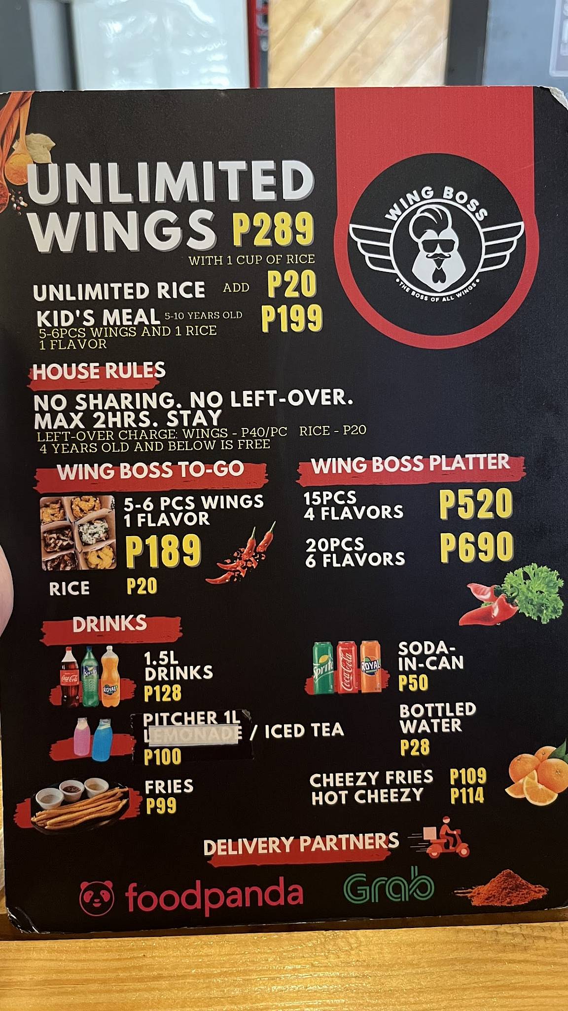 Carta del restaurante Wing Boss Poblacion, Dávao, P. Sobrecarey St