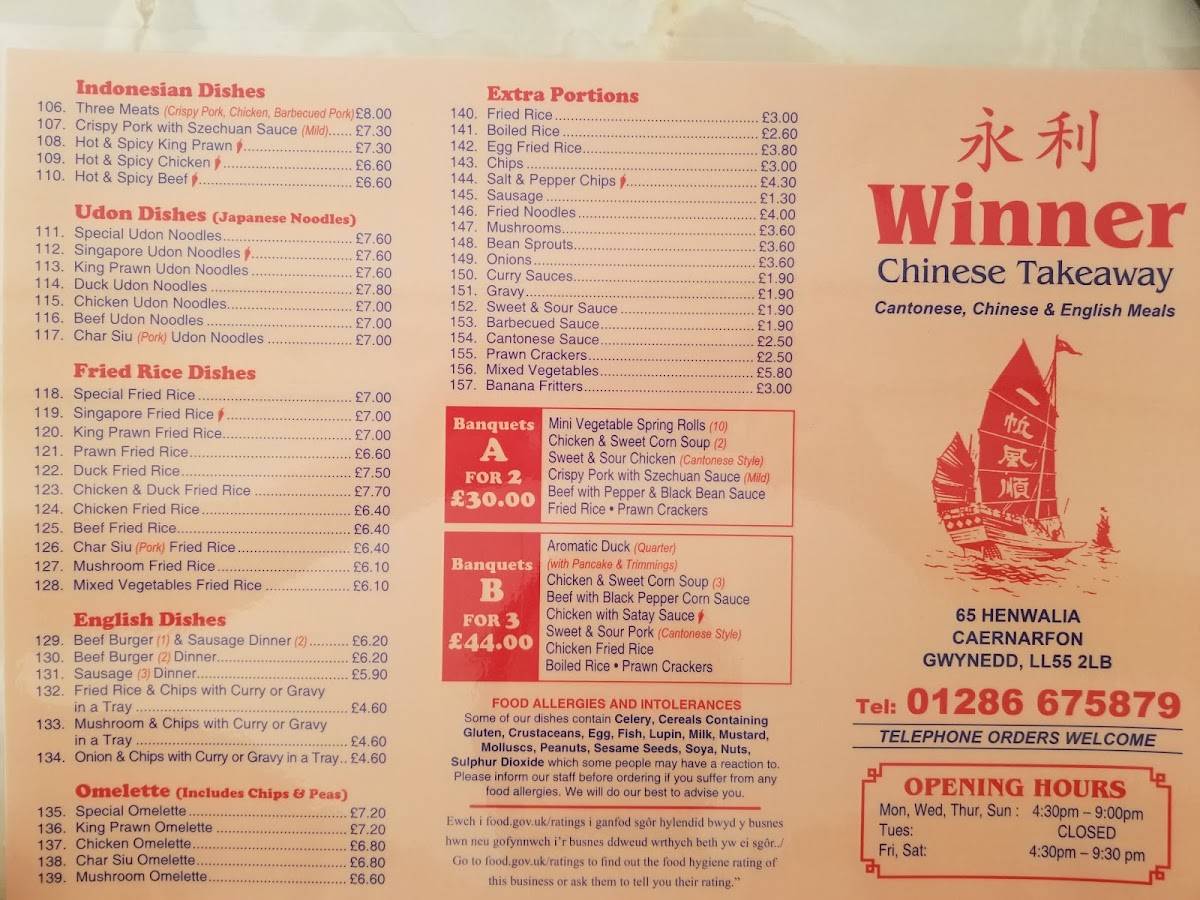 Menu at Winner Chinese Takeaway fast food, Caernarfon