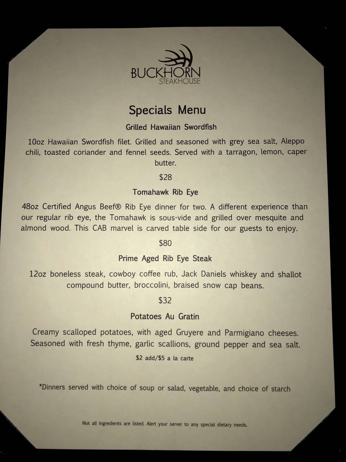 Menu at Buckhorn Steakhouse, Winters