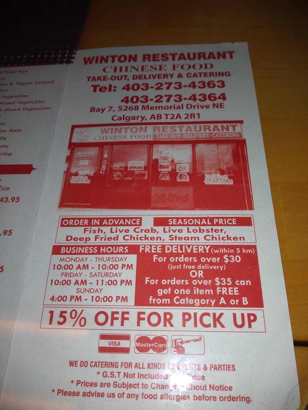 Menu at Winton Restaurant Chinese Food, Calgary