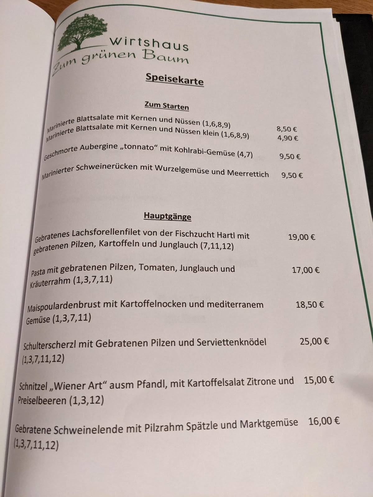 Speisekarte von Wirtshaus Zum Grünen Baum restaurant, Passau