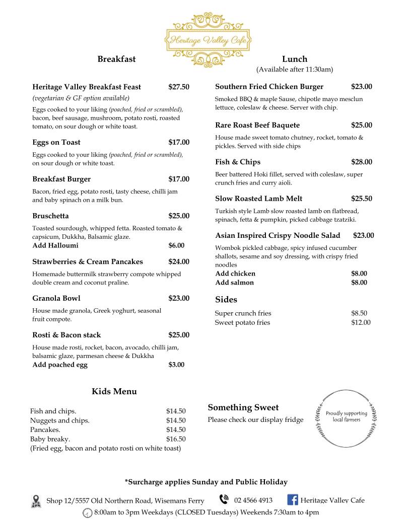 Menu at Heritage Valley Cafe, Wisemans Ferry