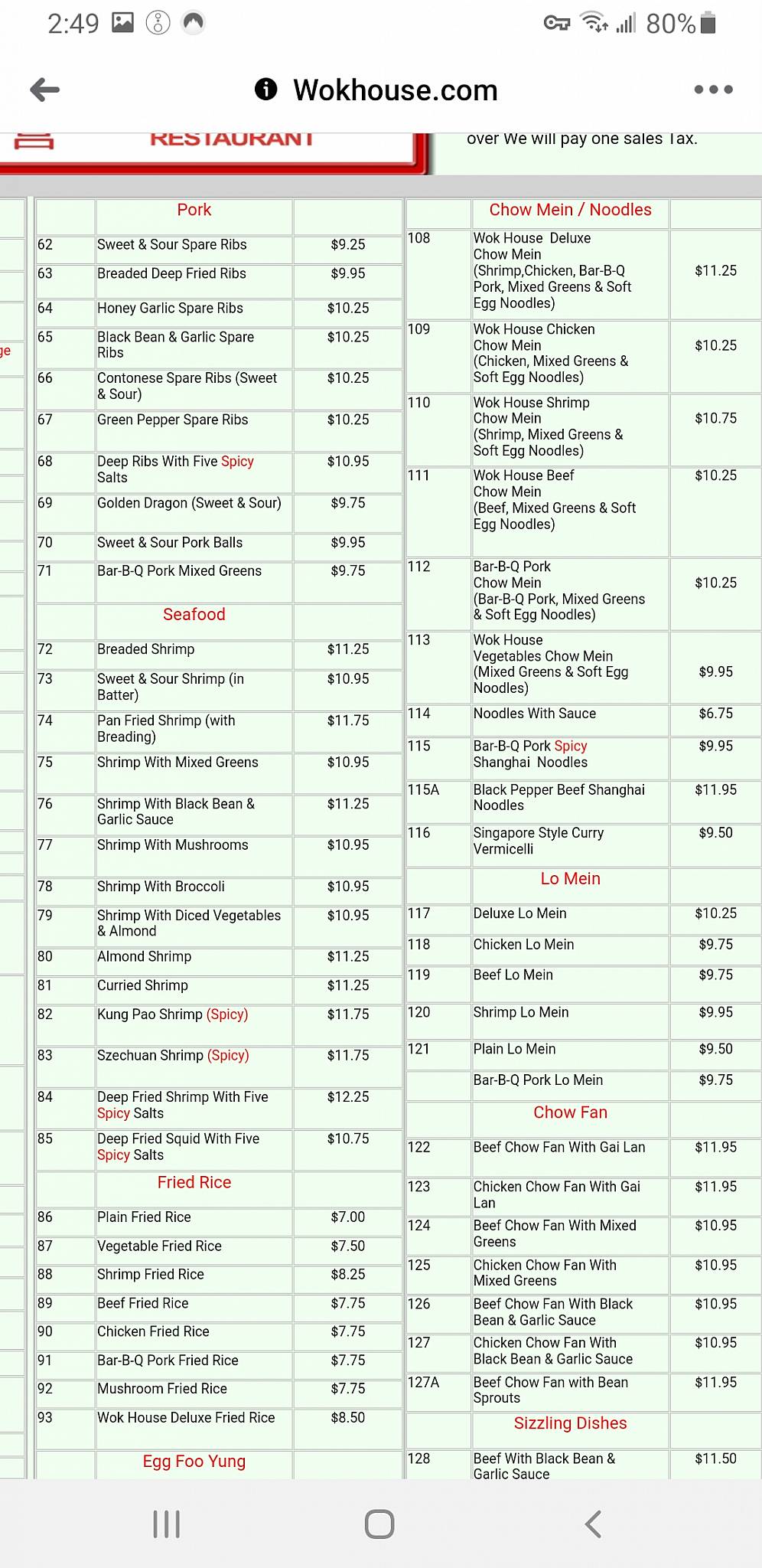 Menu at Wok House Restaurant, Winnipeg, McGregor St