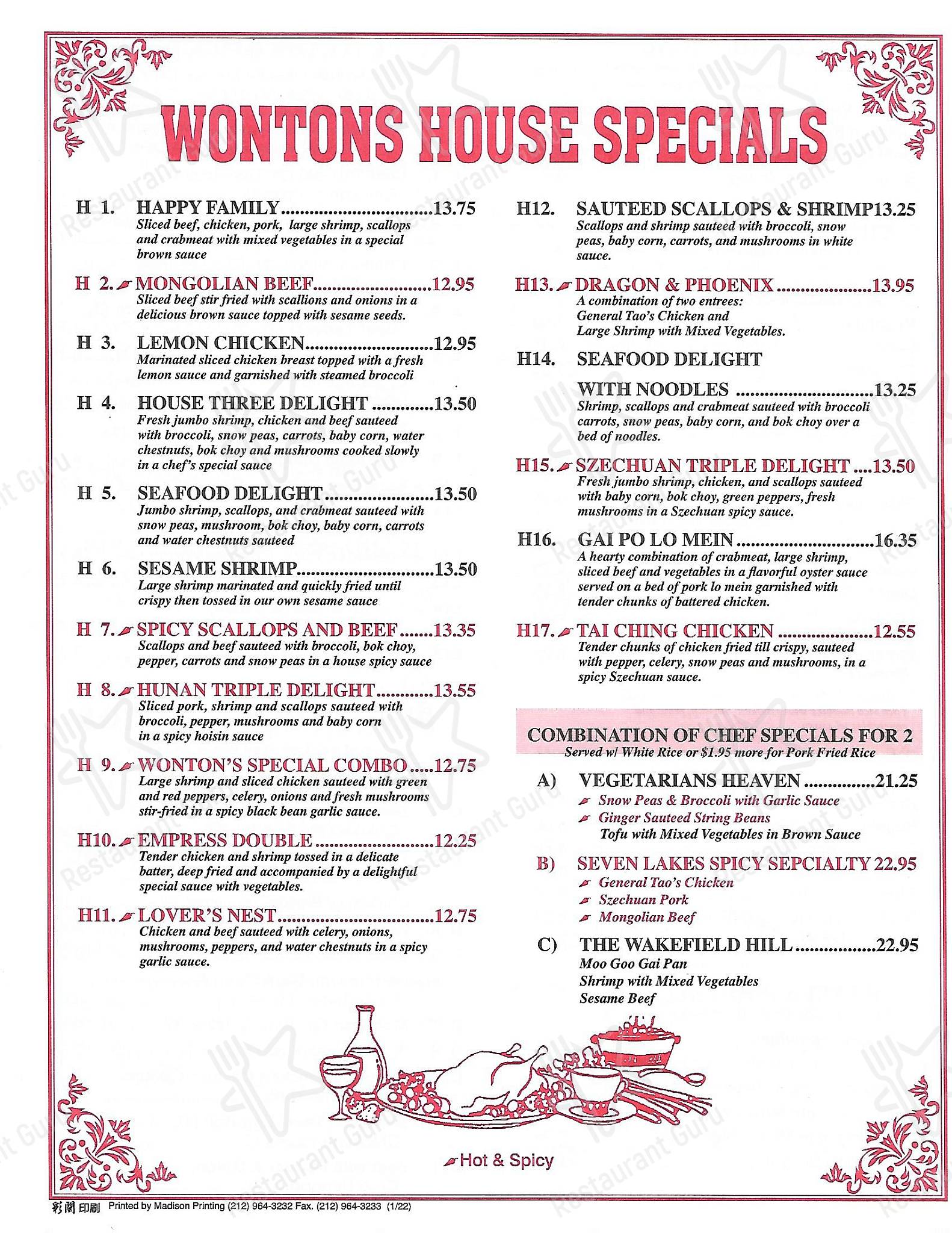 Menu at Wontons Chinese Restaurant, Wakefield, White Mountain Hwy