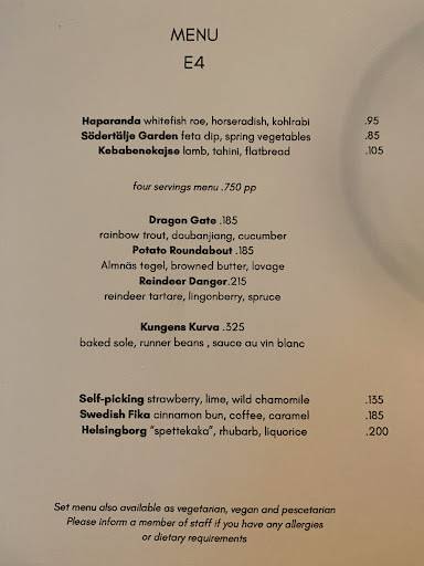 Menu at Woodstockholm restaurant, Stockholm