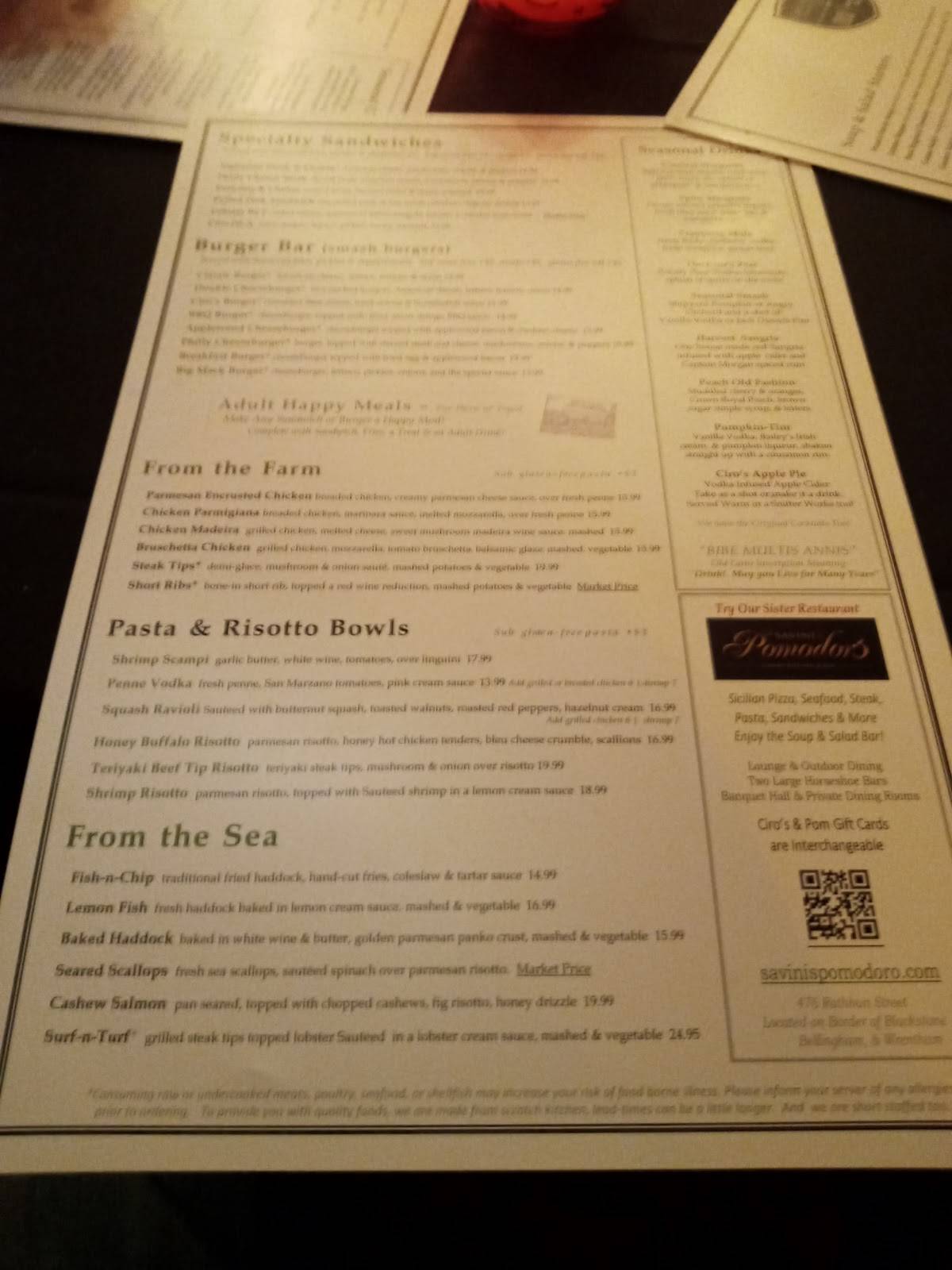 Menu at Ciro's Tavern pub & bar, Woonsocket