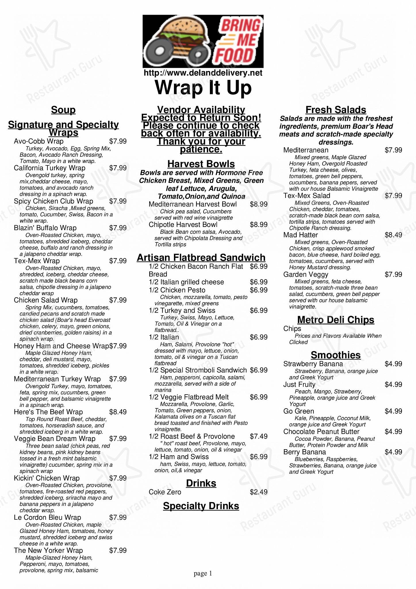 Menu at Wrap It Up restaurant, DeLand