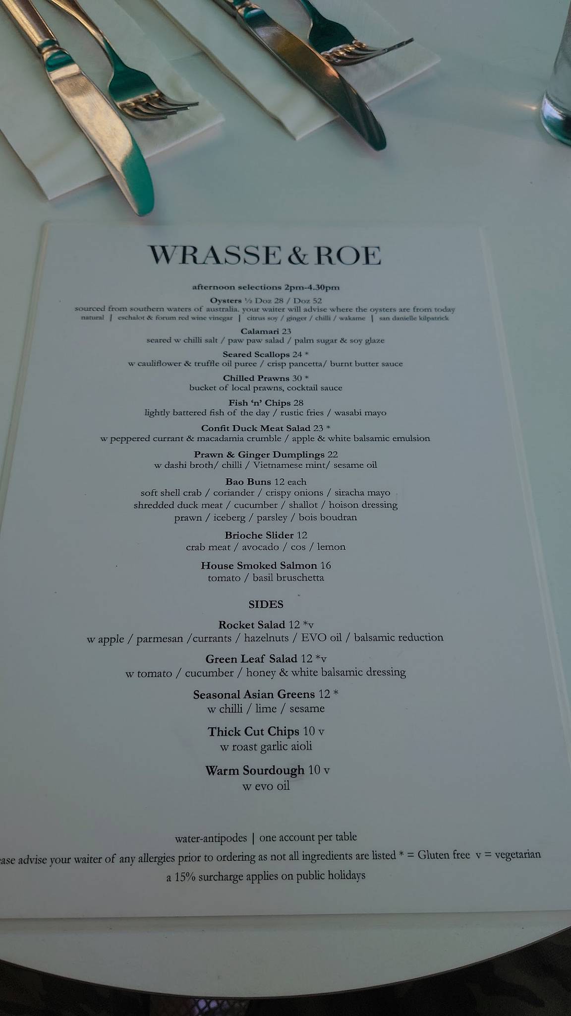 Menu at Wrasse & Roe restaurant, Port Douglas