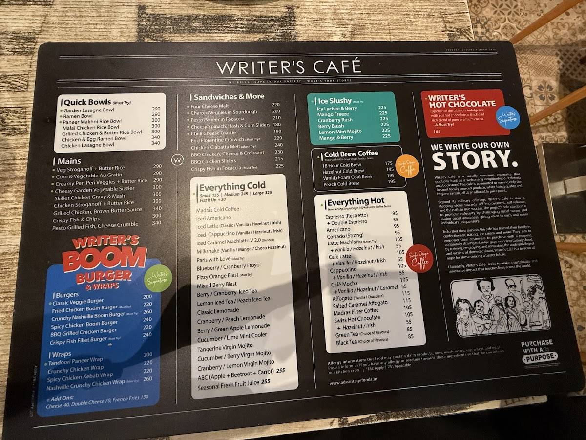 Menu at Writer's Cafe, Chennai, 1