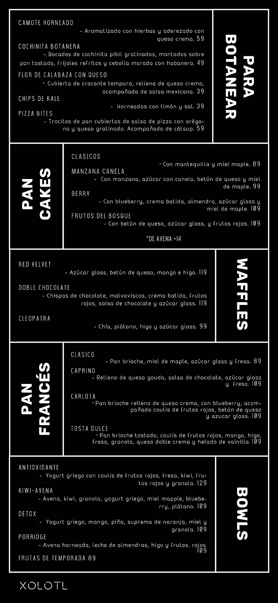 Menu at Restauran Xolotl restaurant, Mexico City