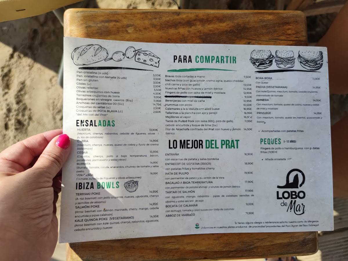 Carta del restaurante Xiringuito El llop del mar, El Prat del Llobregat