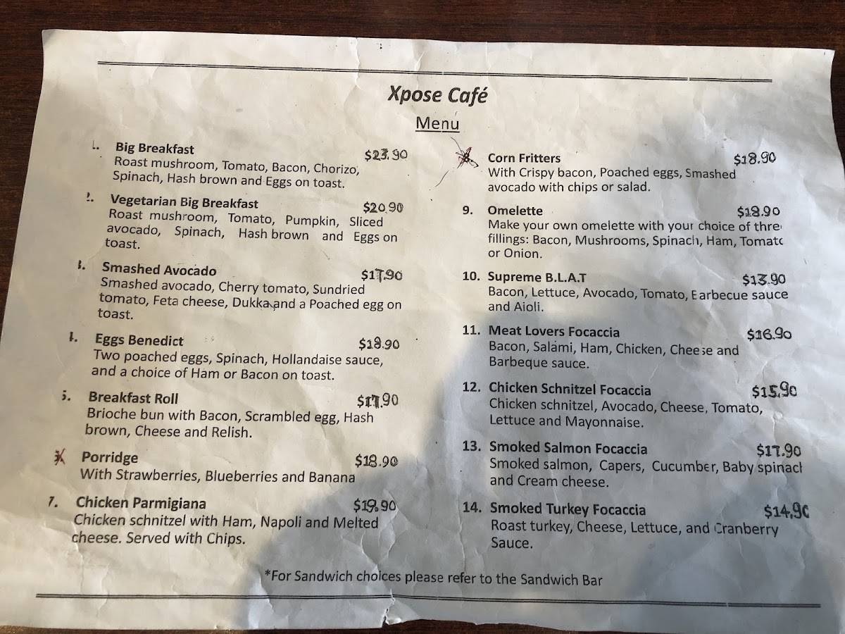 Menu at Xpose Cafe, Caulfield