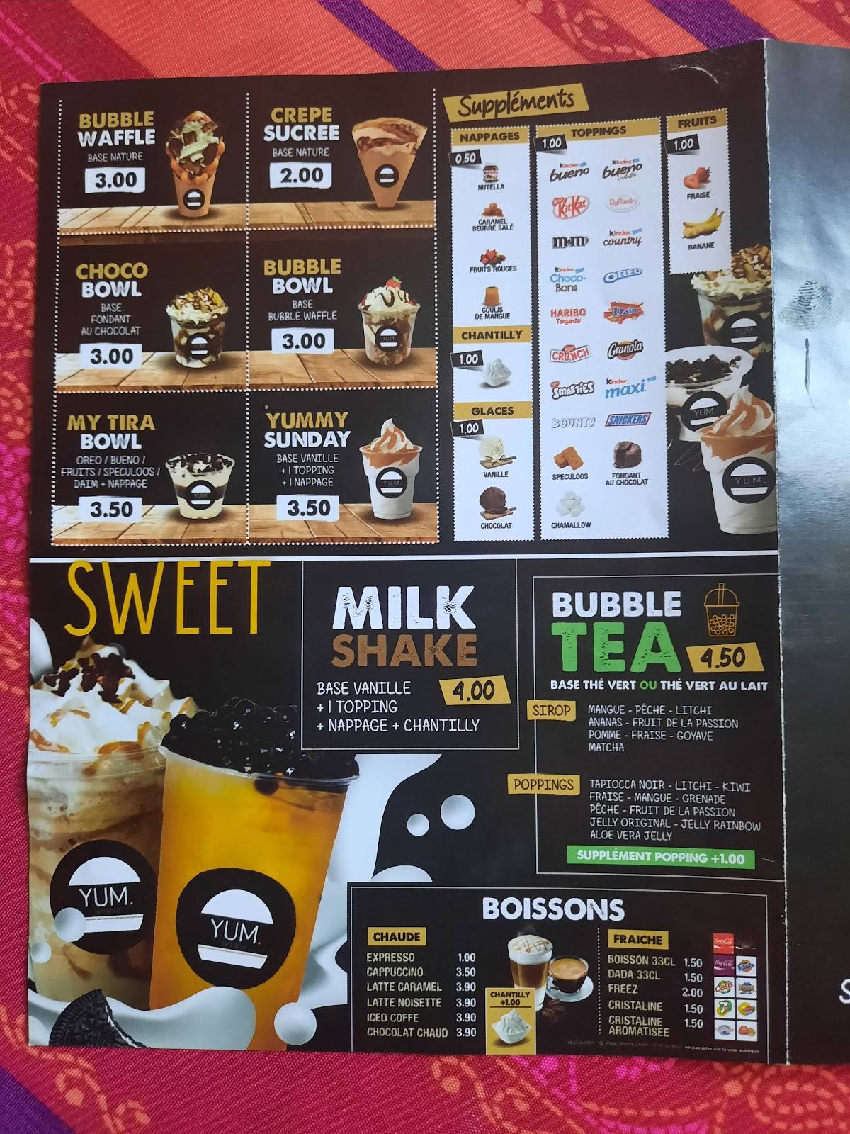 Menu au YUM Sweet & Salt restaurant, Ormoy