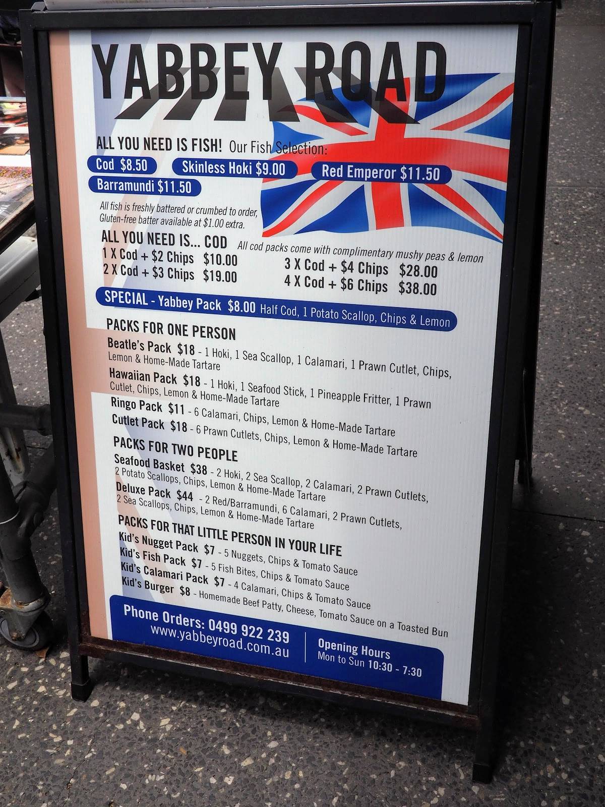 Menu at Yabbey Road restaurant, Redcliffe