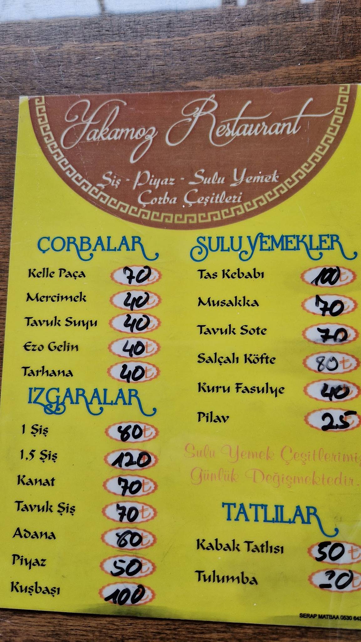 Menu at Yakamoz Restorant, Korkuteli, 836. Sk. No:15