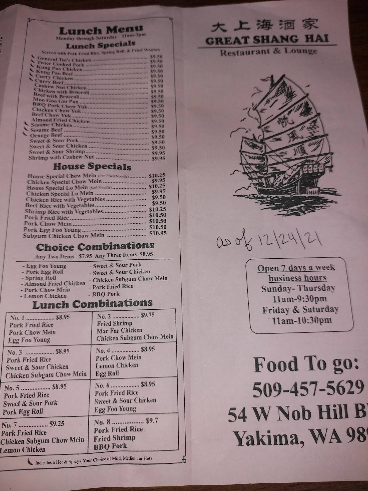 Menu at Great Shanghai restaurant, Yakima