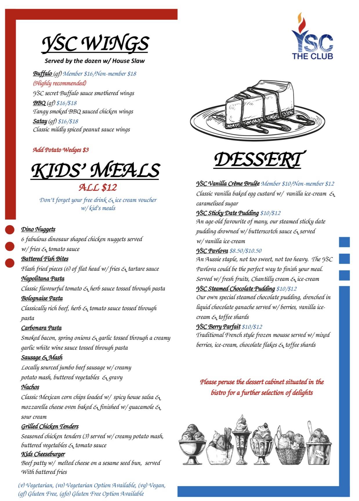 Menu at Yass Soldiers Club, Yass