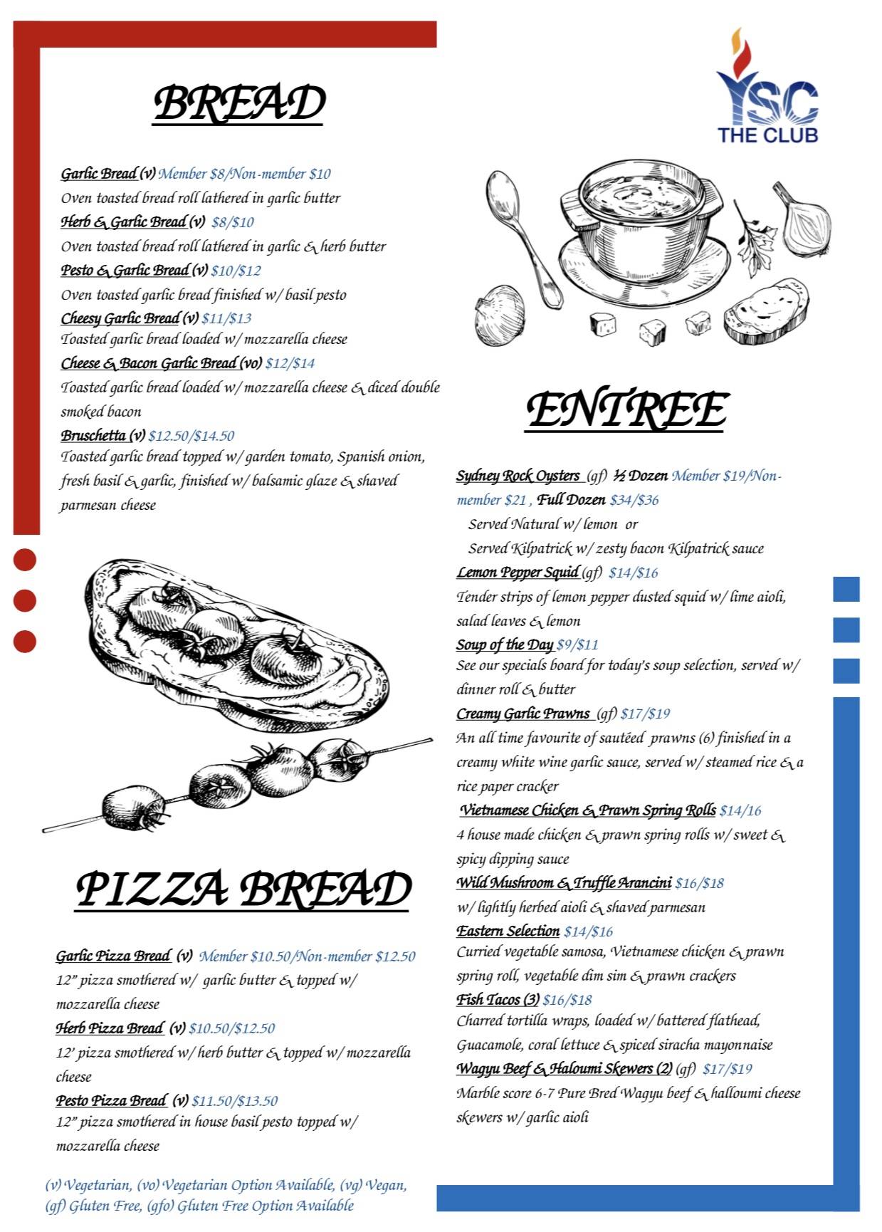 Menu at Yass Soldiers Club, Yass