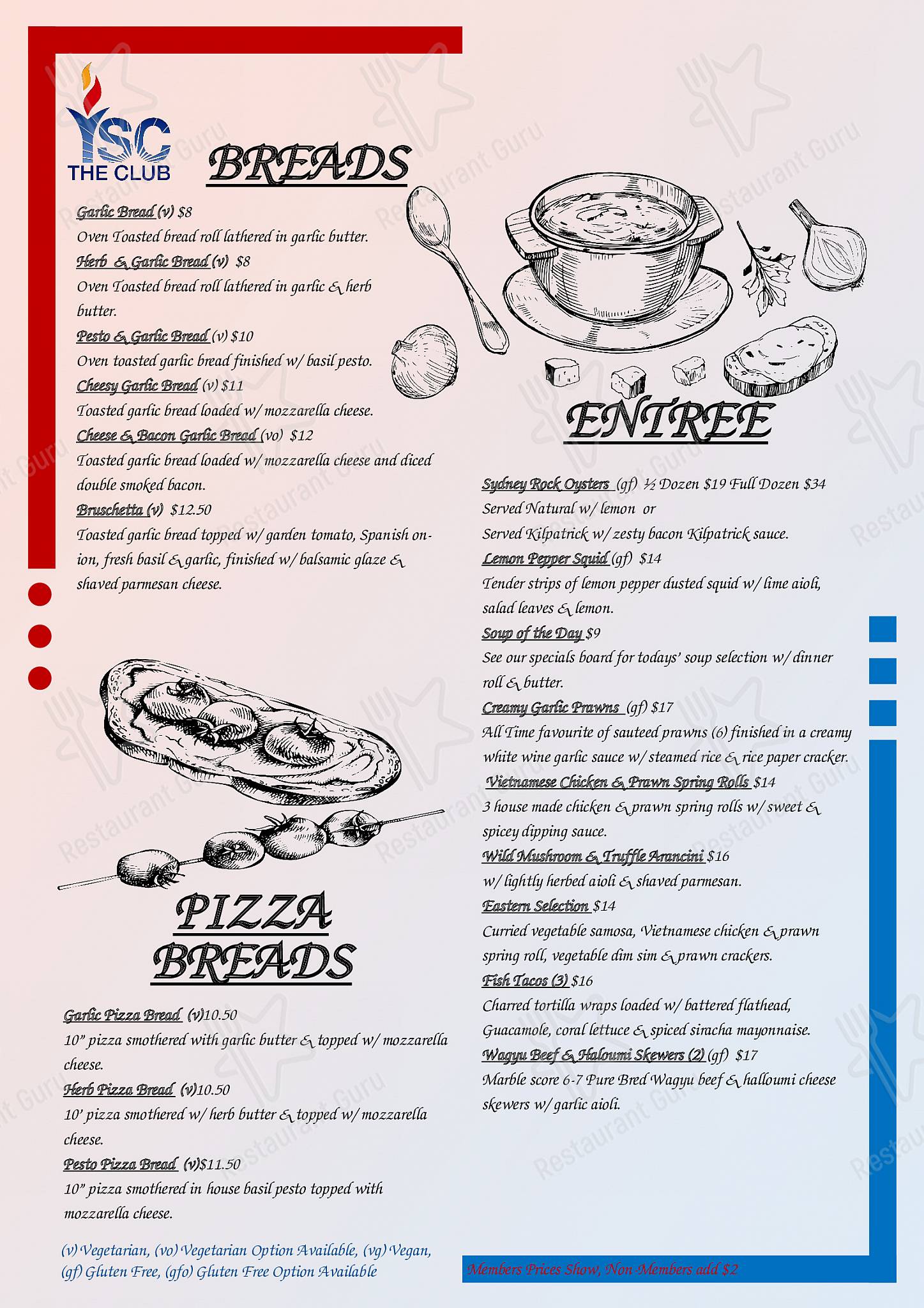 Menu at Yass Soldiers Club, Yass