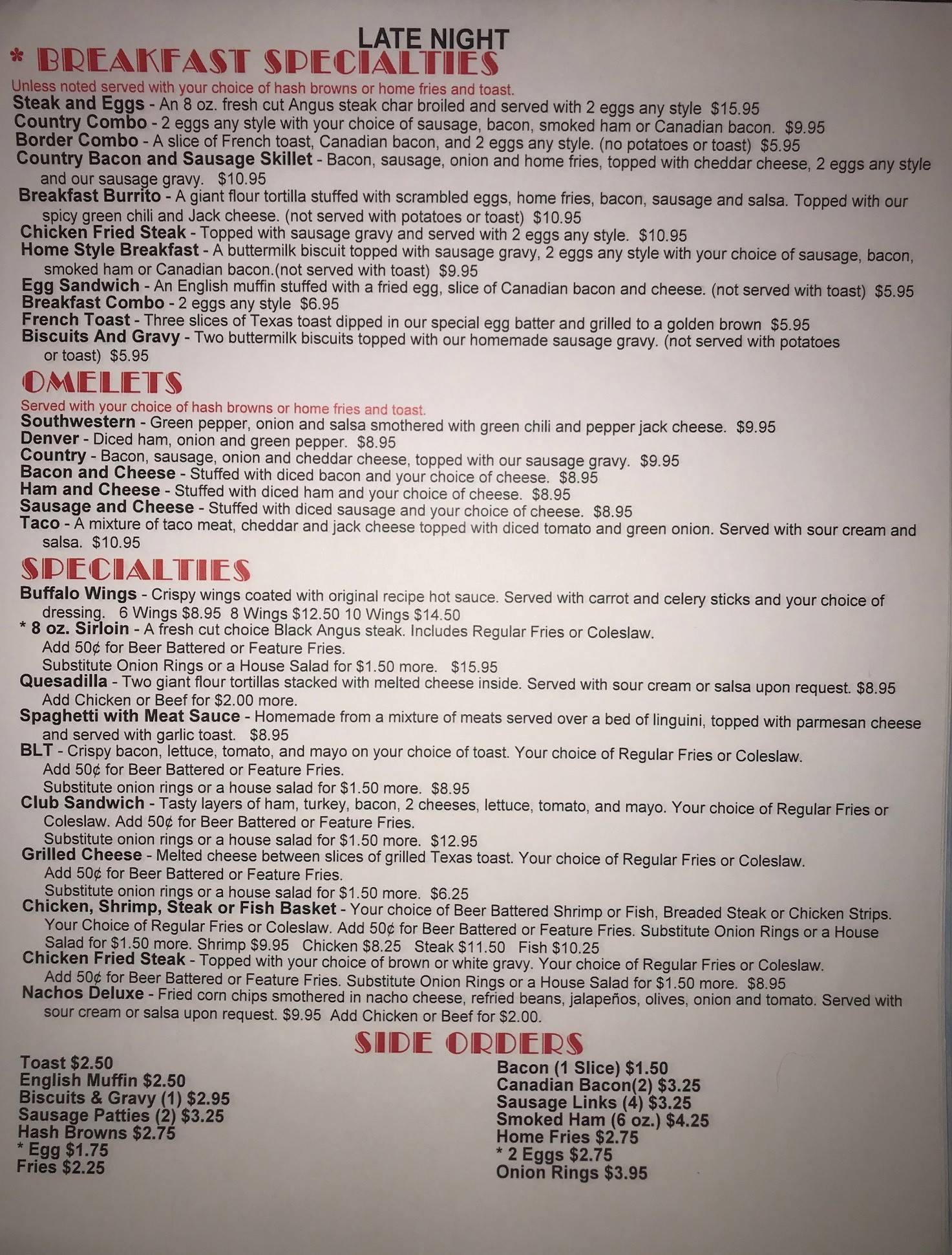 Menu at Yellowstone River Inn pub & bar, Glendive