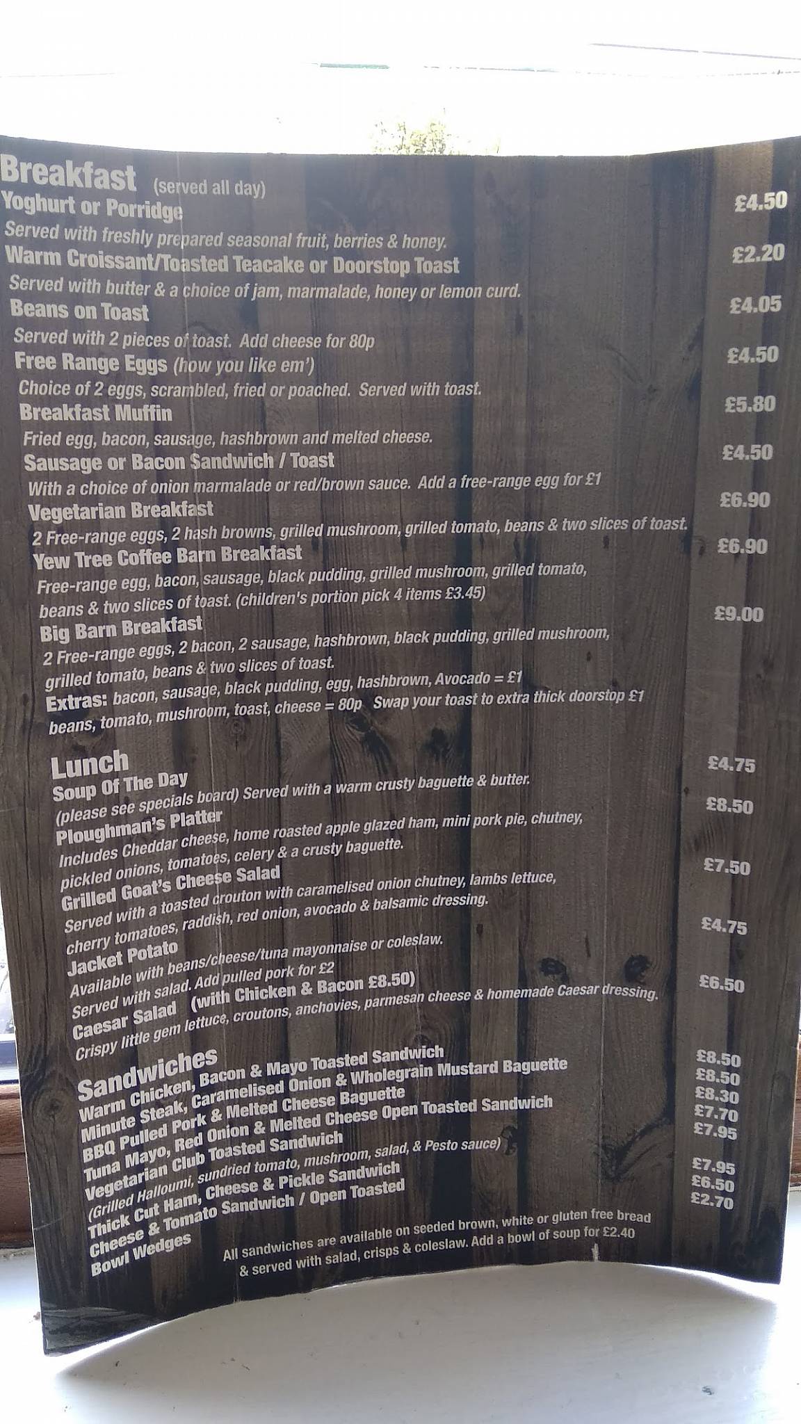 Menu at Yew Tree Coffee Barn, Liverpool