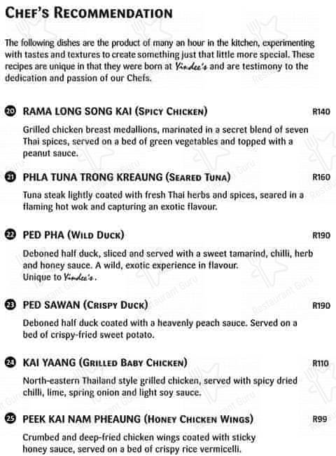 Menu at Yindee's best traditional Thai food in Kloof street dining ...