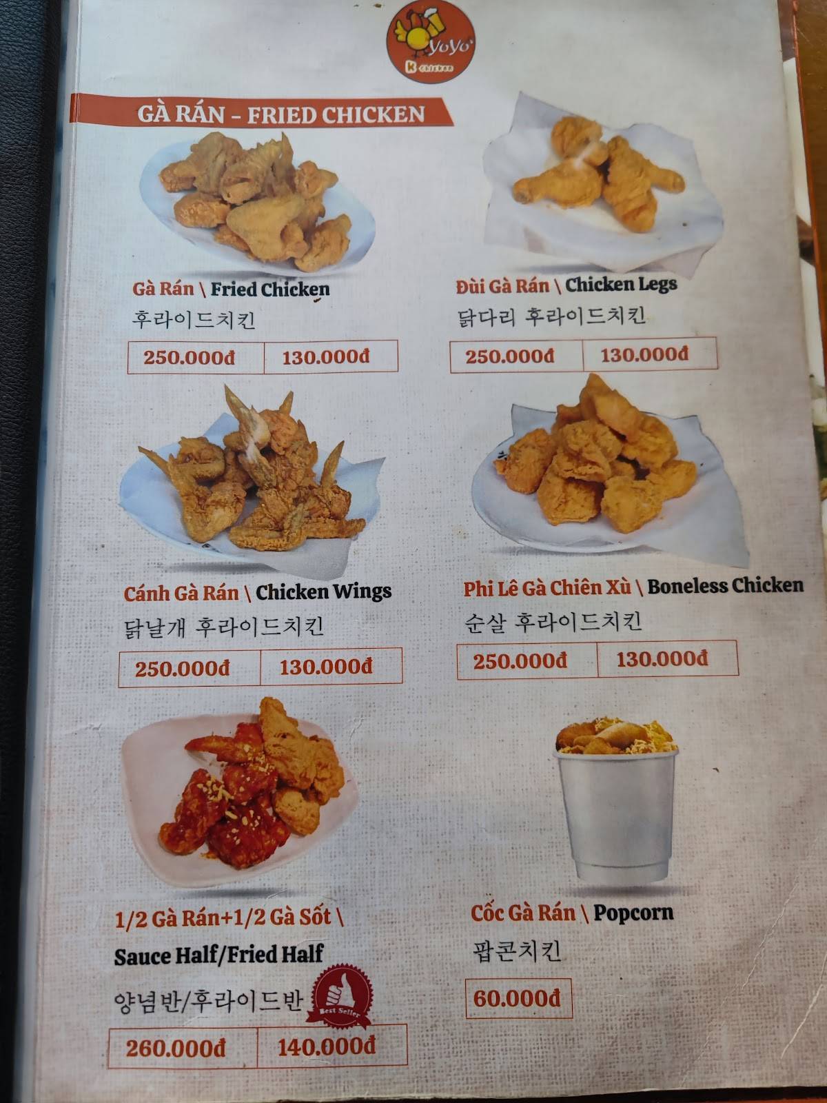 Menu at YoYo Chicken restaurant, Ho Chi Minh City, 80b Đ. Cao Lỗ
