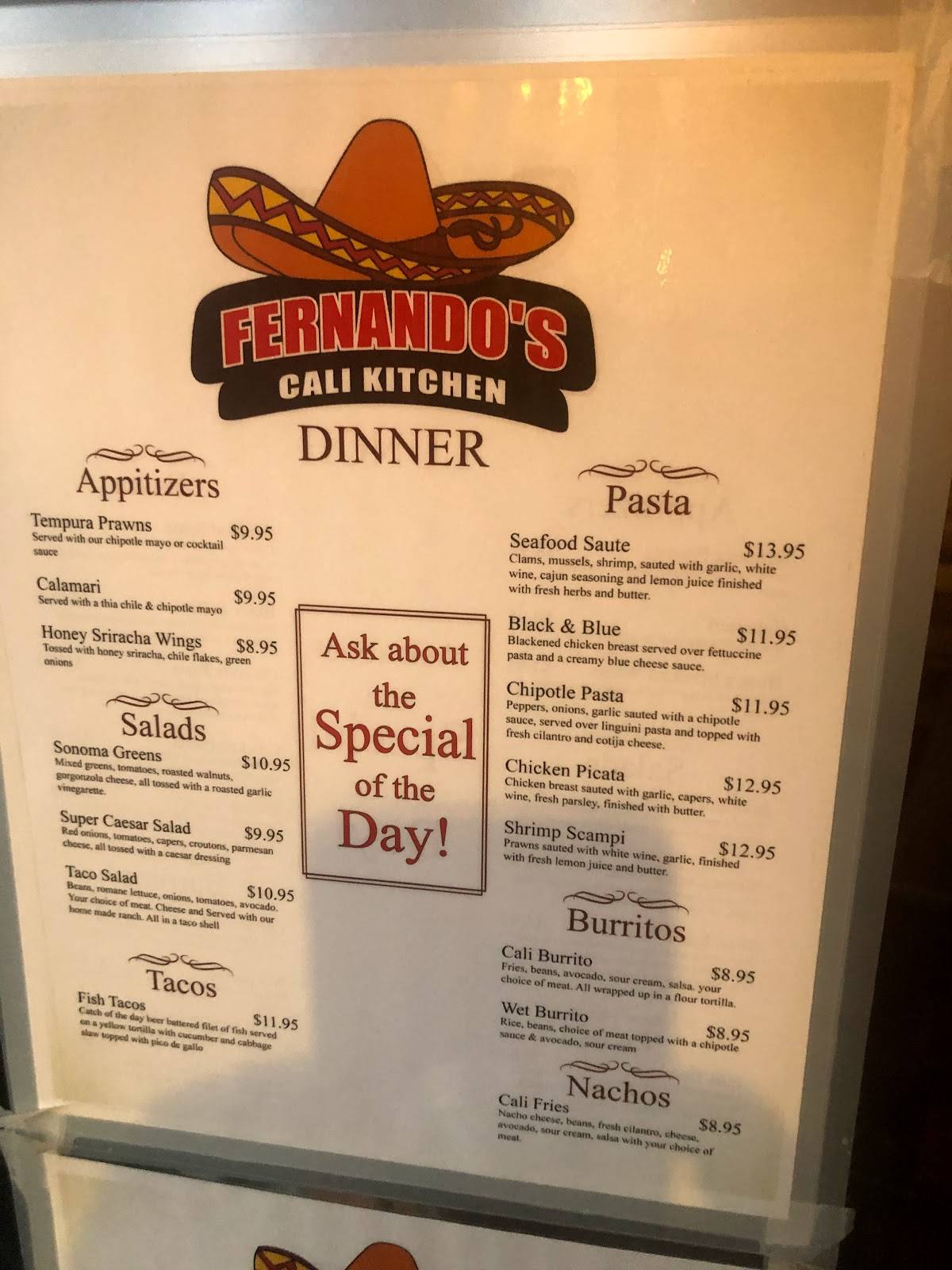 Menu at Fernandos Cali Kitchen restaurant, Yuba City