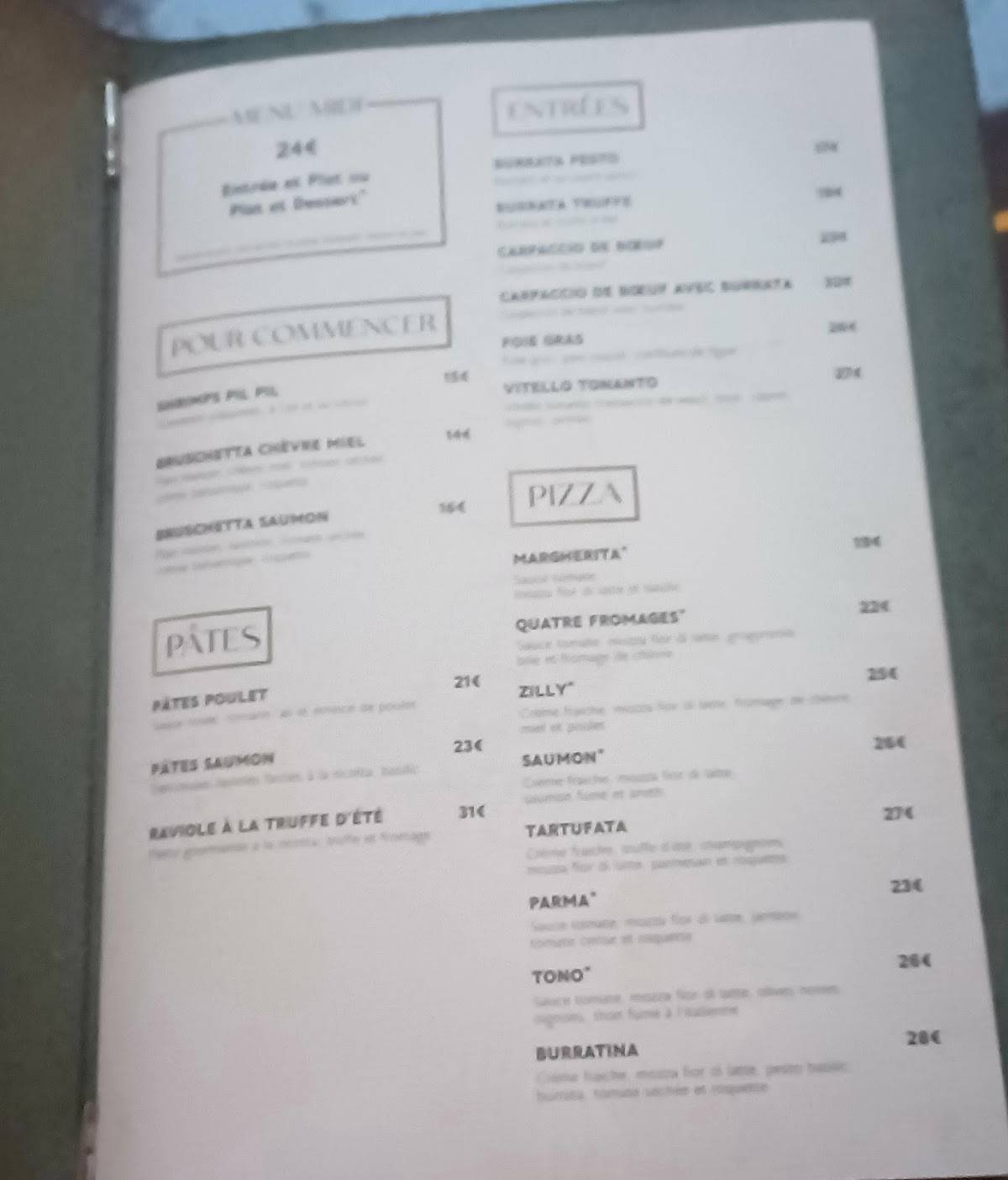 Menu au ZILLY restaurant, Nanterre
