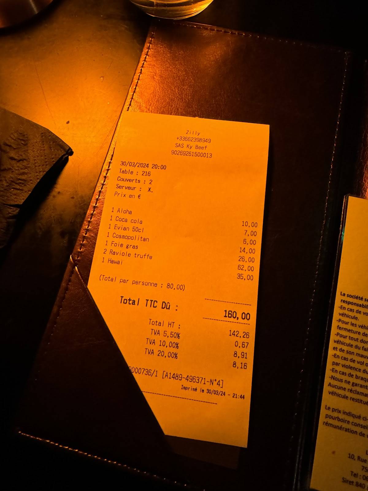 Menu au ZILLY restaurant, Nanterre