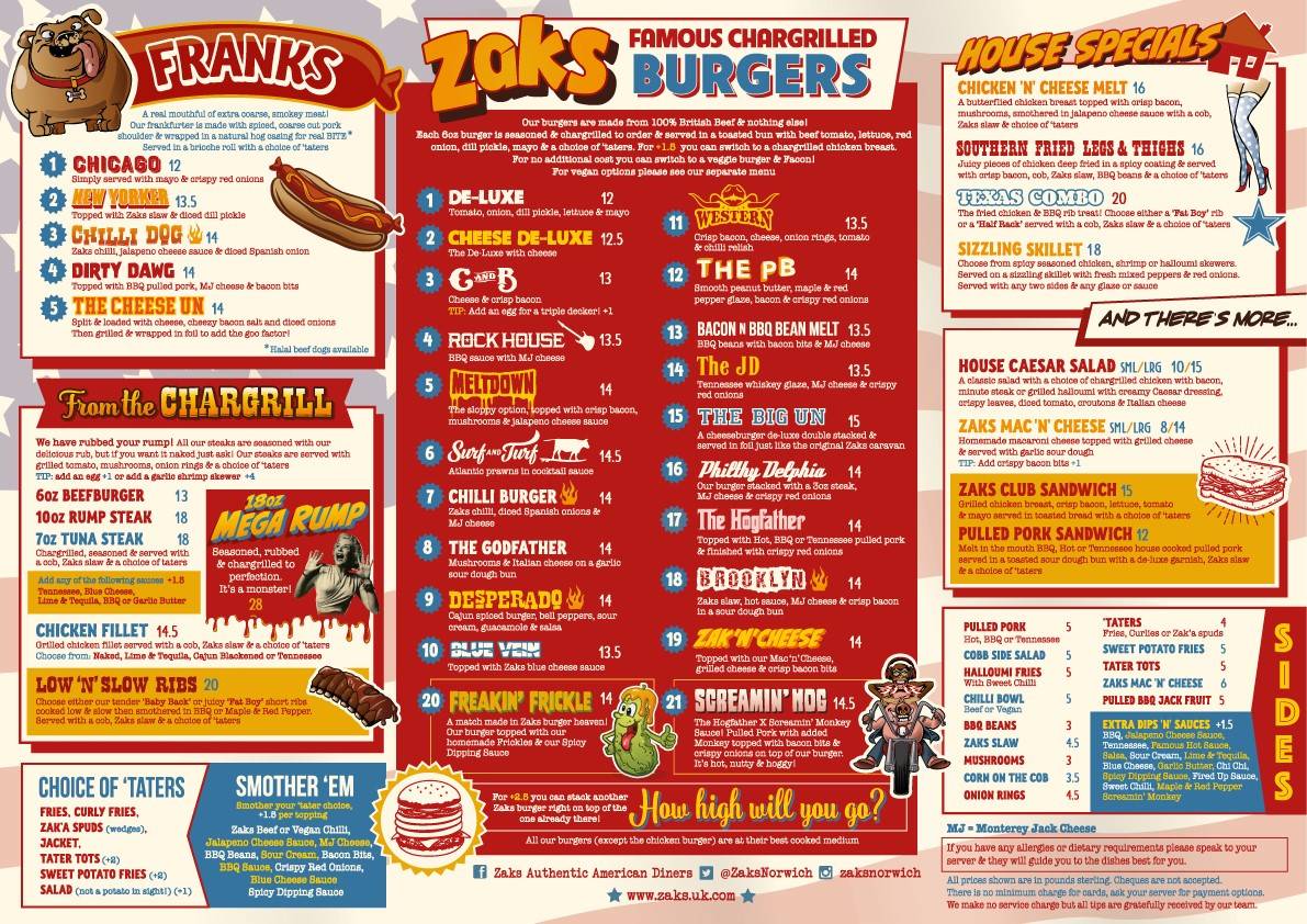 Menu at Zaks Mousehold Diner restaurant, Norwich