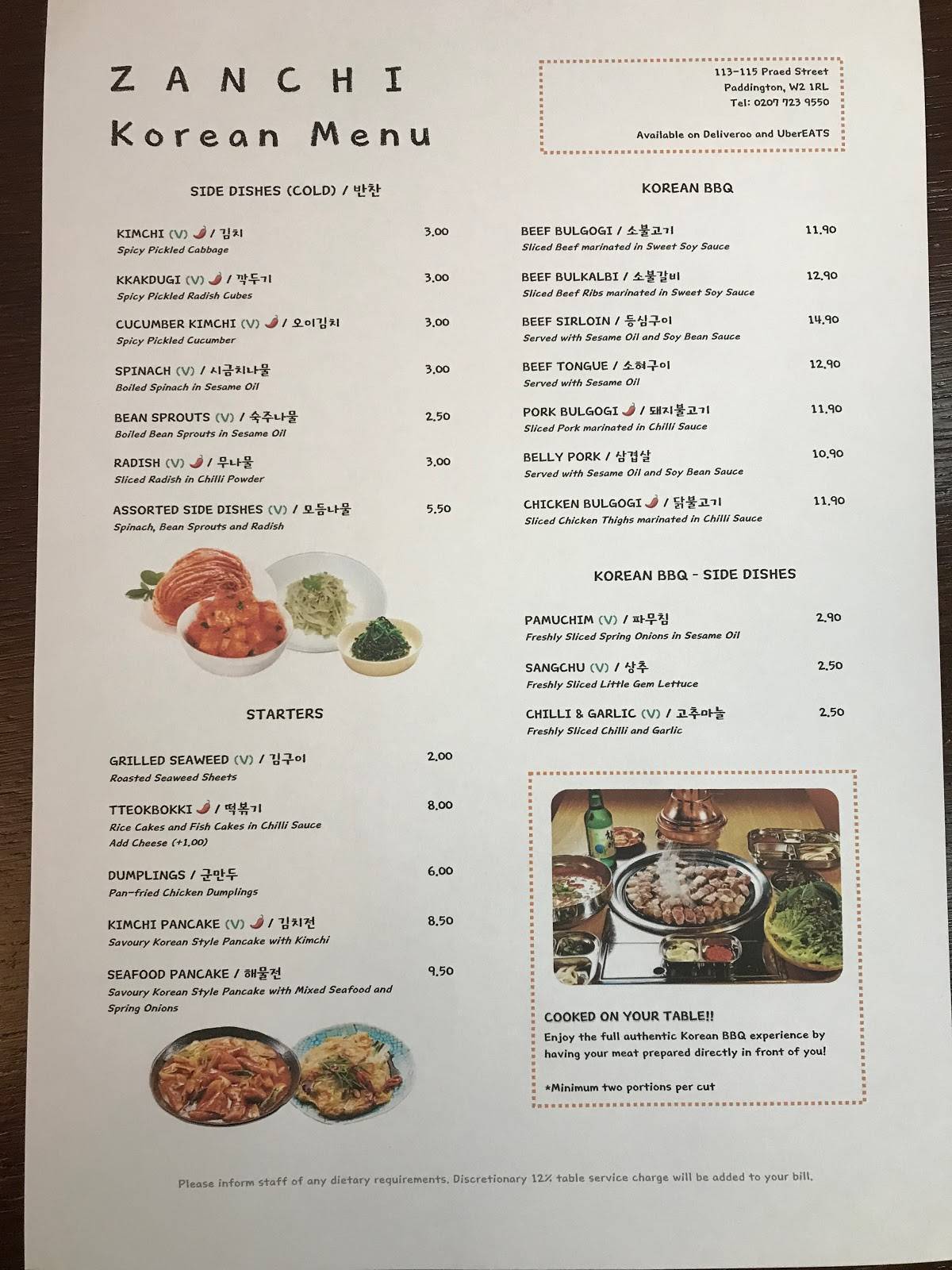 Carta de Zanchi Korean Restaurant, Londres