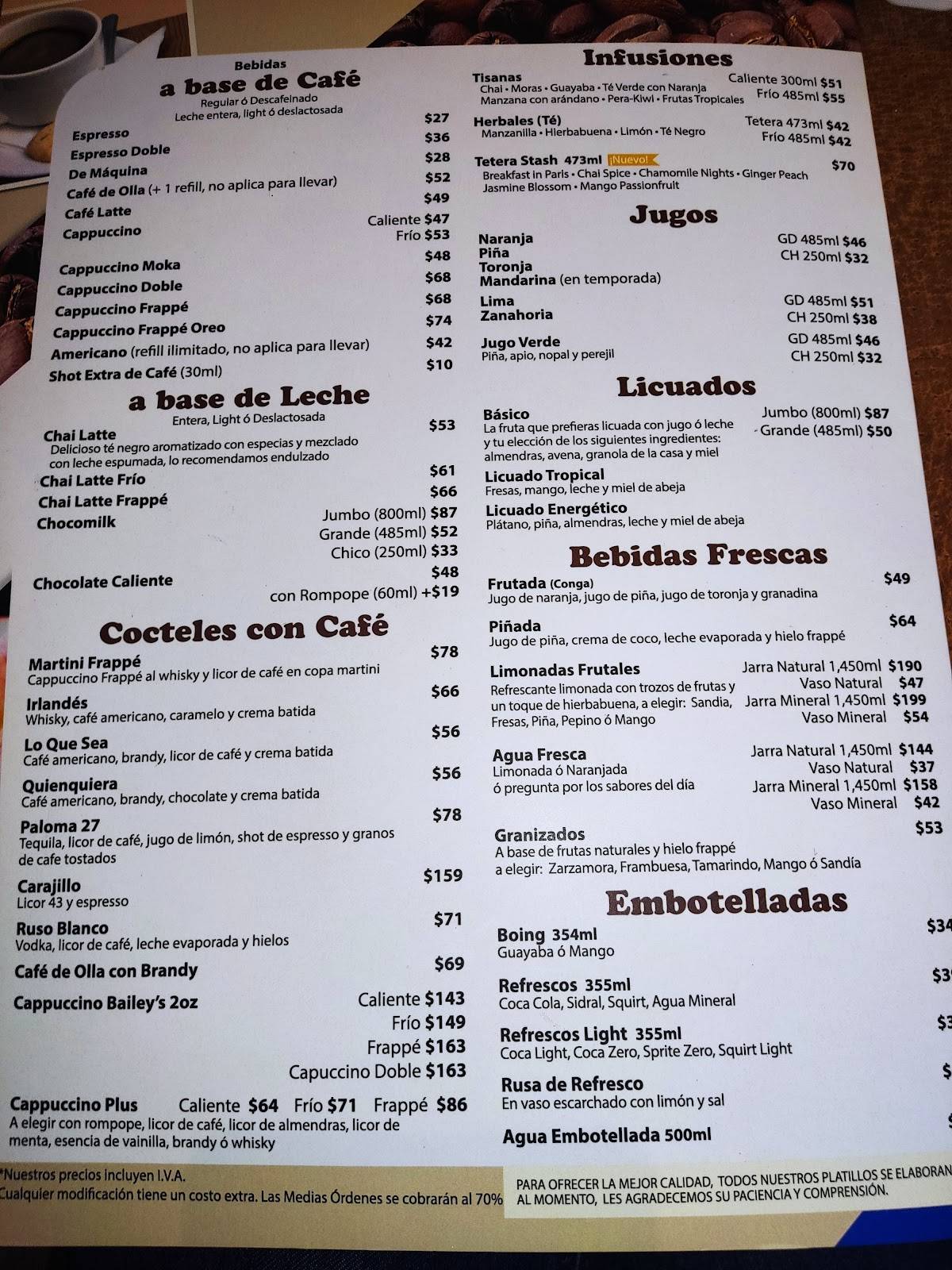 Carta de Café El Colibrí, Zapopan, Av. de Las Fuentes 68