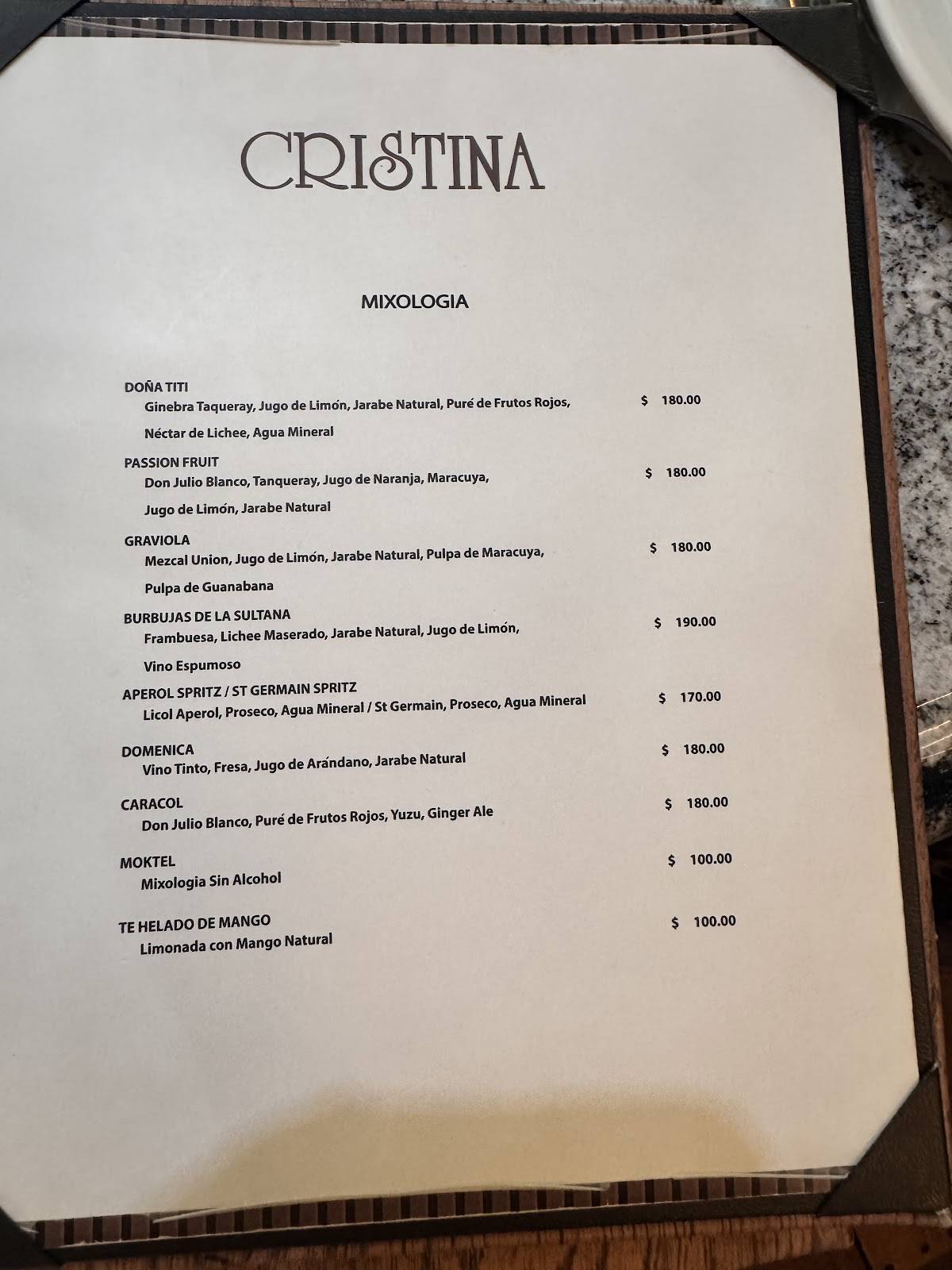 Carta del restaurante Cristina - Guadalajara, Zapopan
