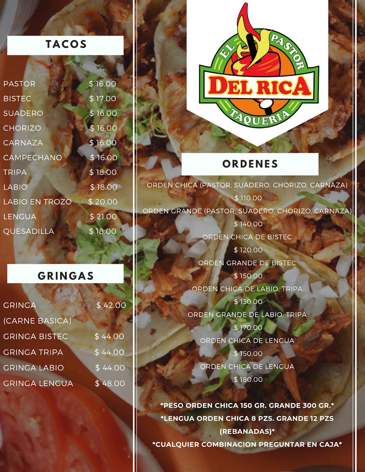 Carta del restaurante El Pastor del Rica, Zapopan